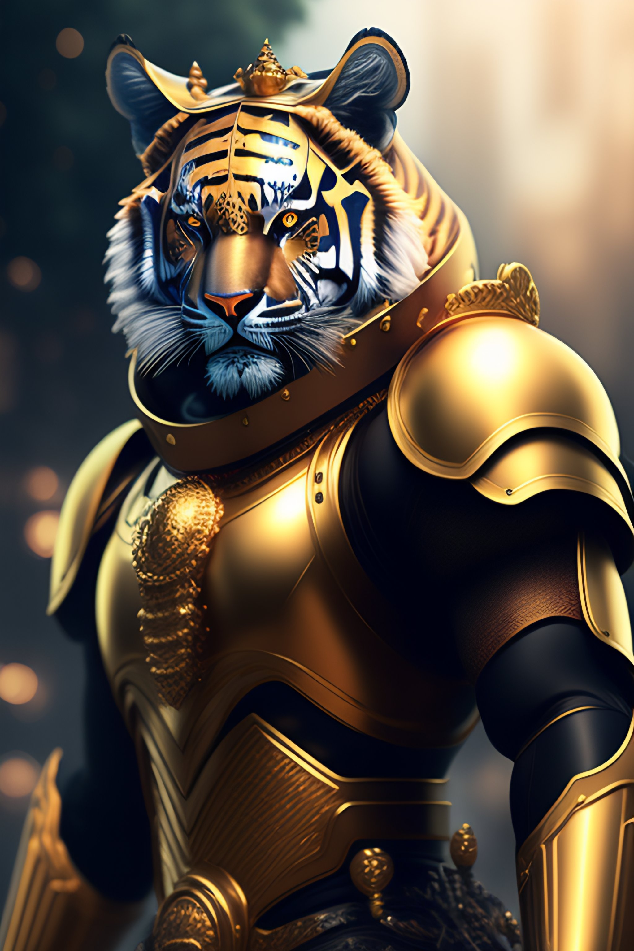 Lexica - Man with tiger face and golden crown, worrier, with robotic ...