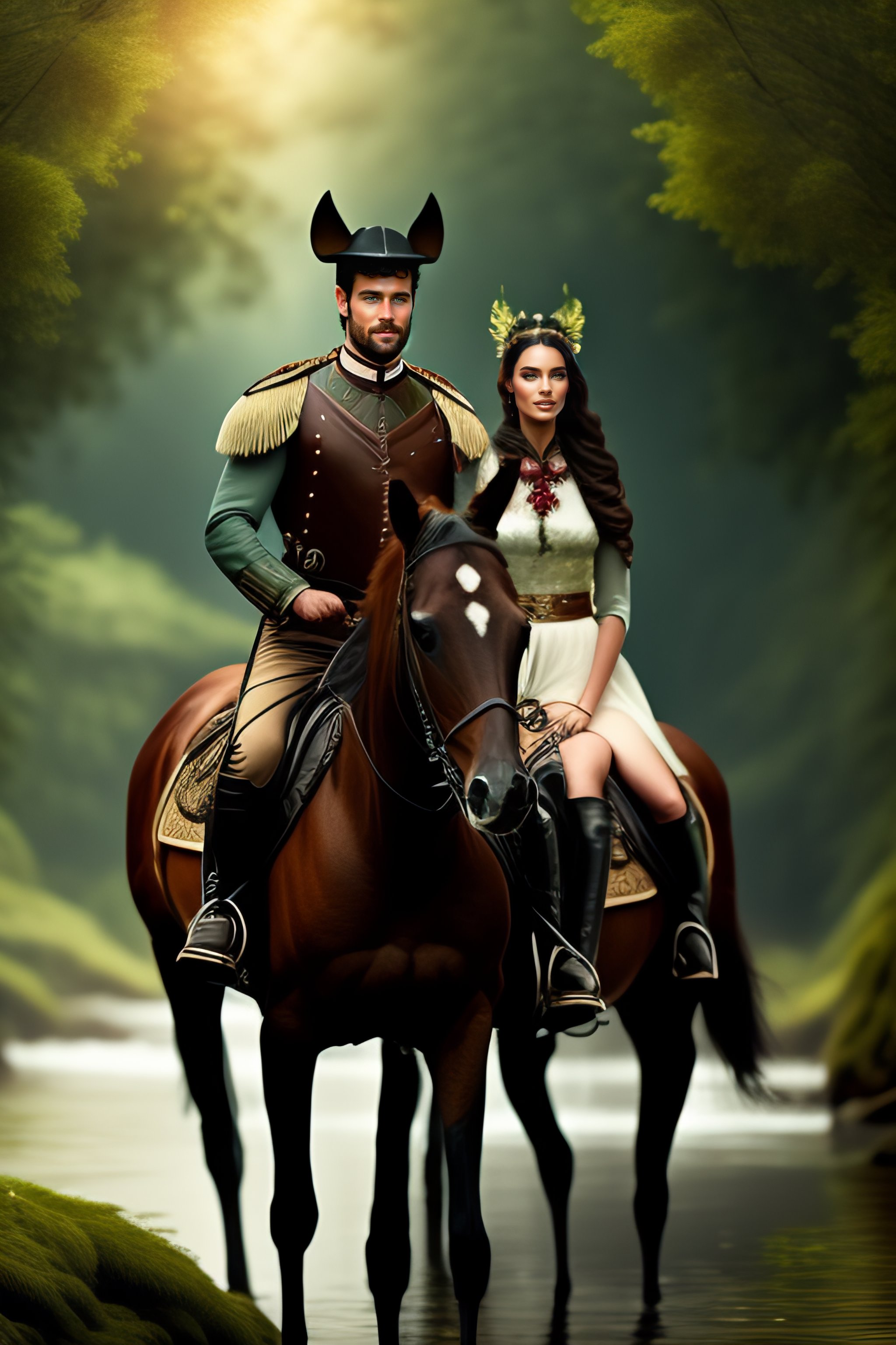 Lexica - Beautiful couple guy and girl forest nymphs on horseback together