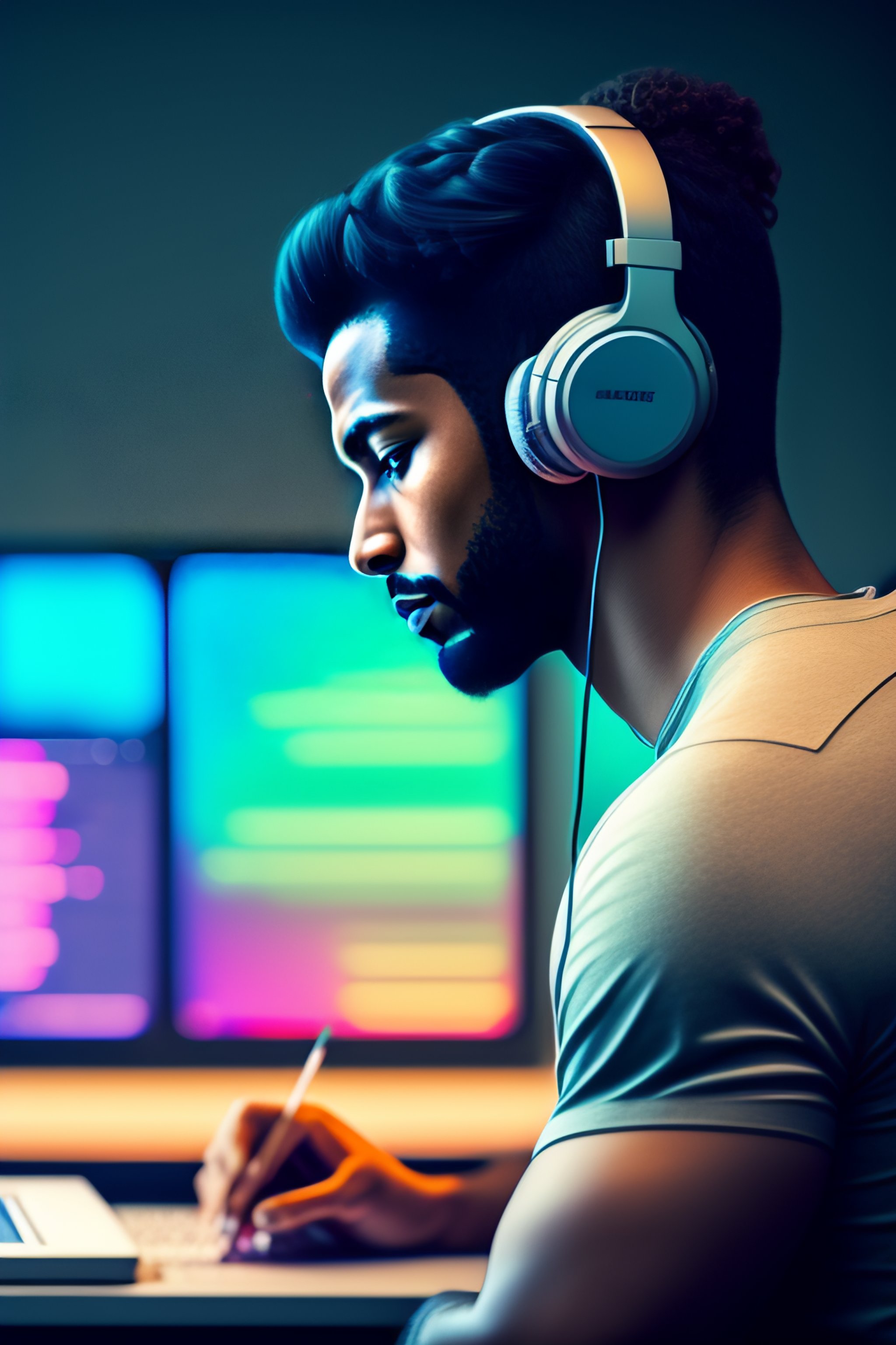 Lexica - Portrait of a coder sitting in front of his laptop with his bi headphones on, illustration