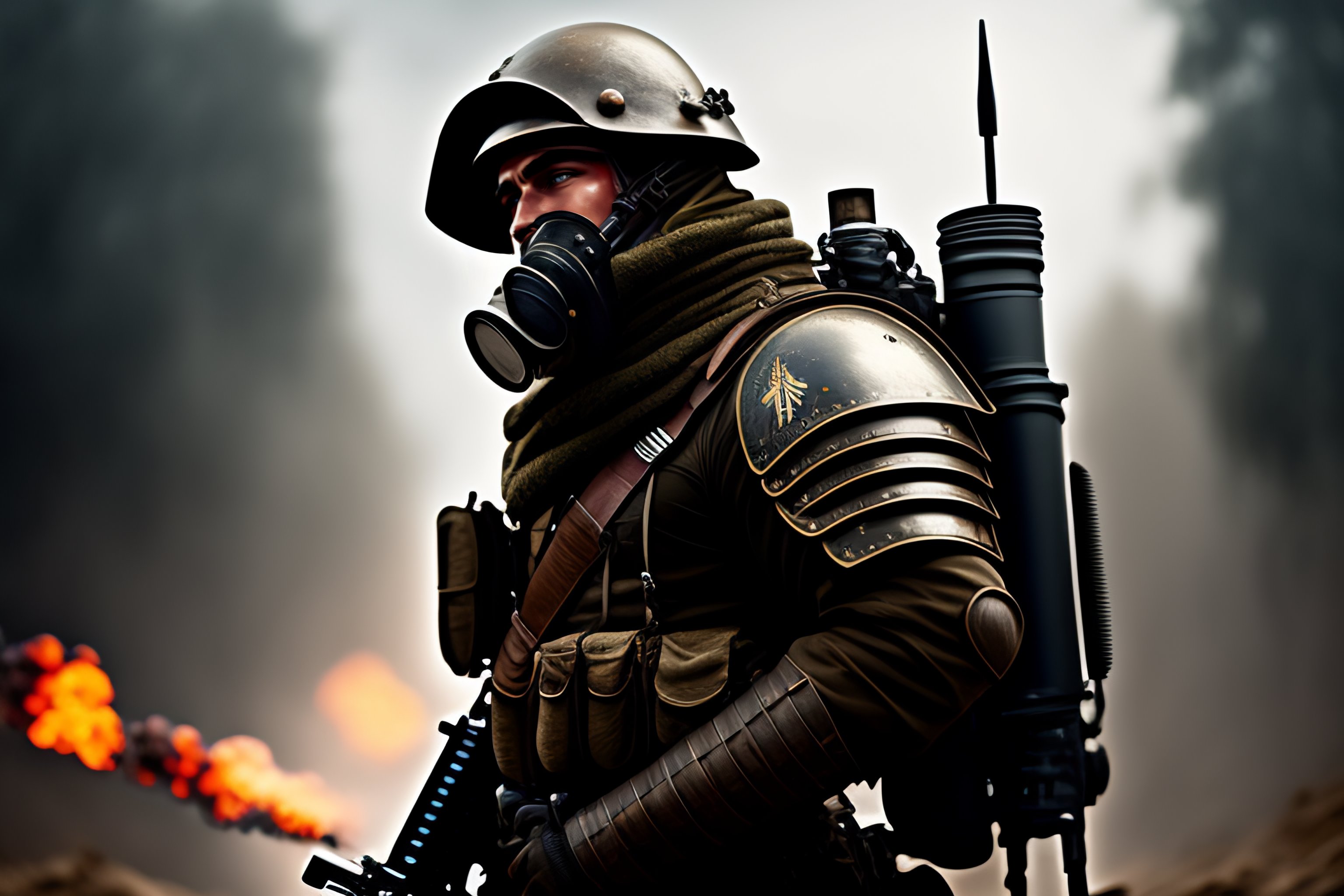 Lexica - Full-body portrait of a heavily armored WWI soldier holding an ...