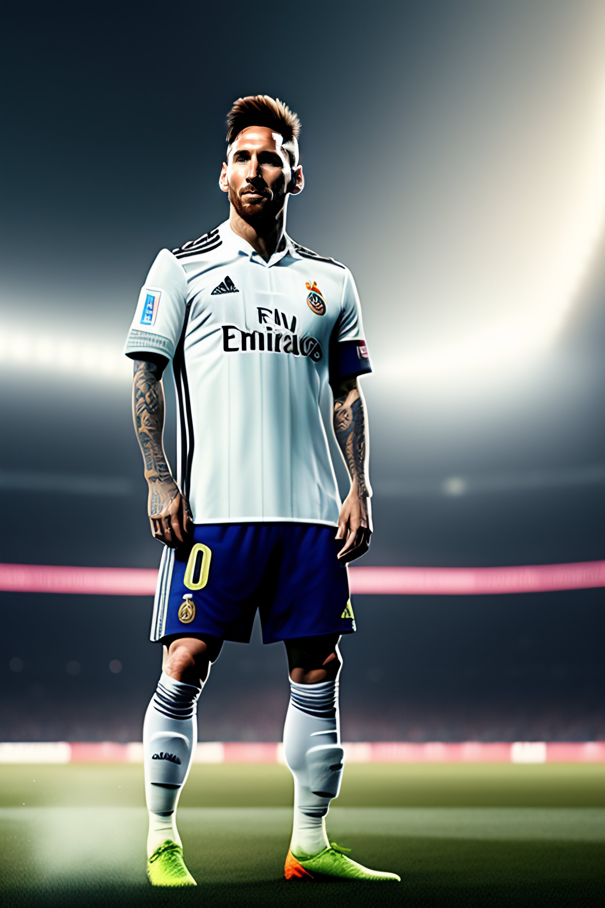 Lexica - Messi standing in the real madrid jersey\