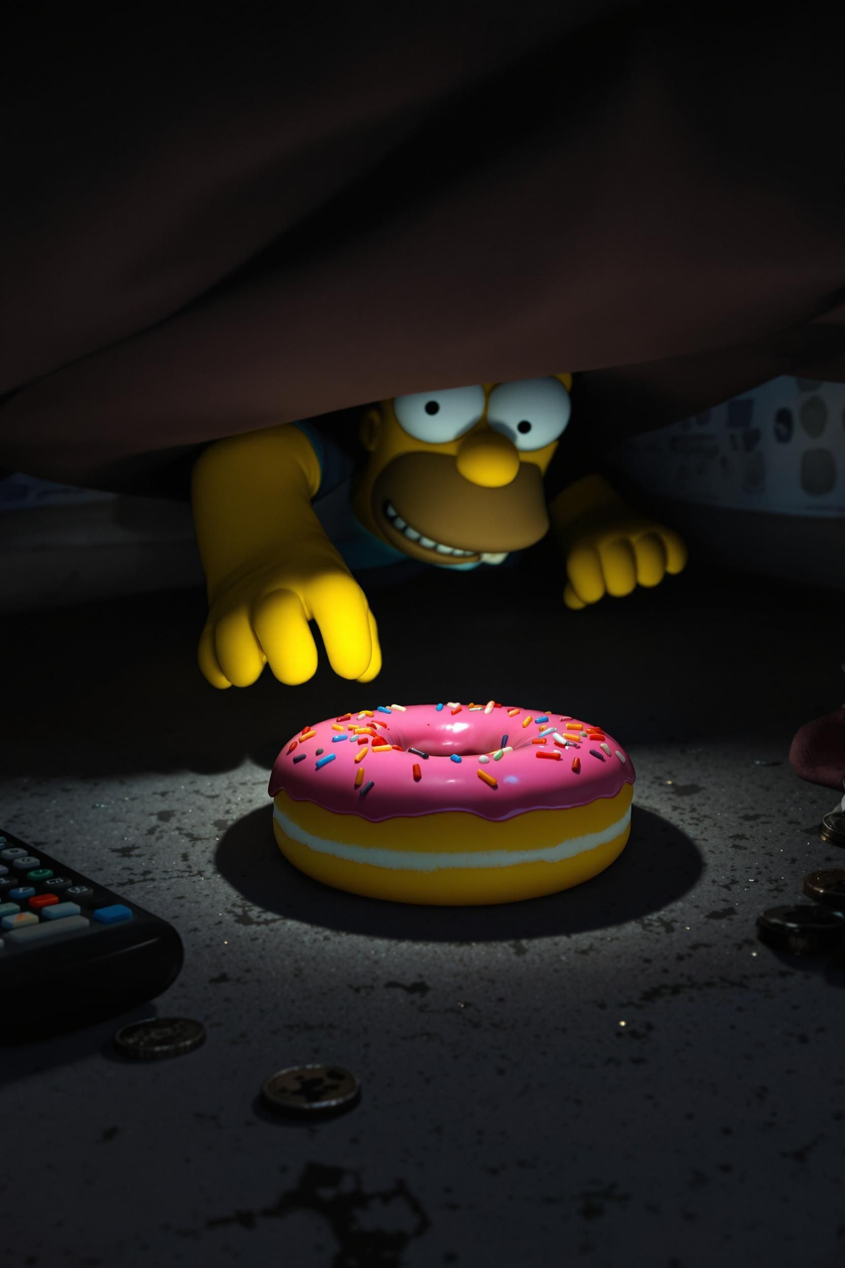 Lexica - Homer Simpson reaching for a donut that's under the couch. The ...
