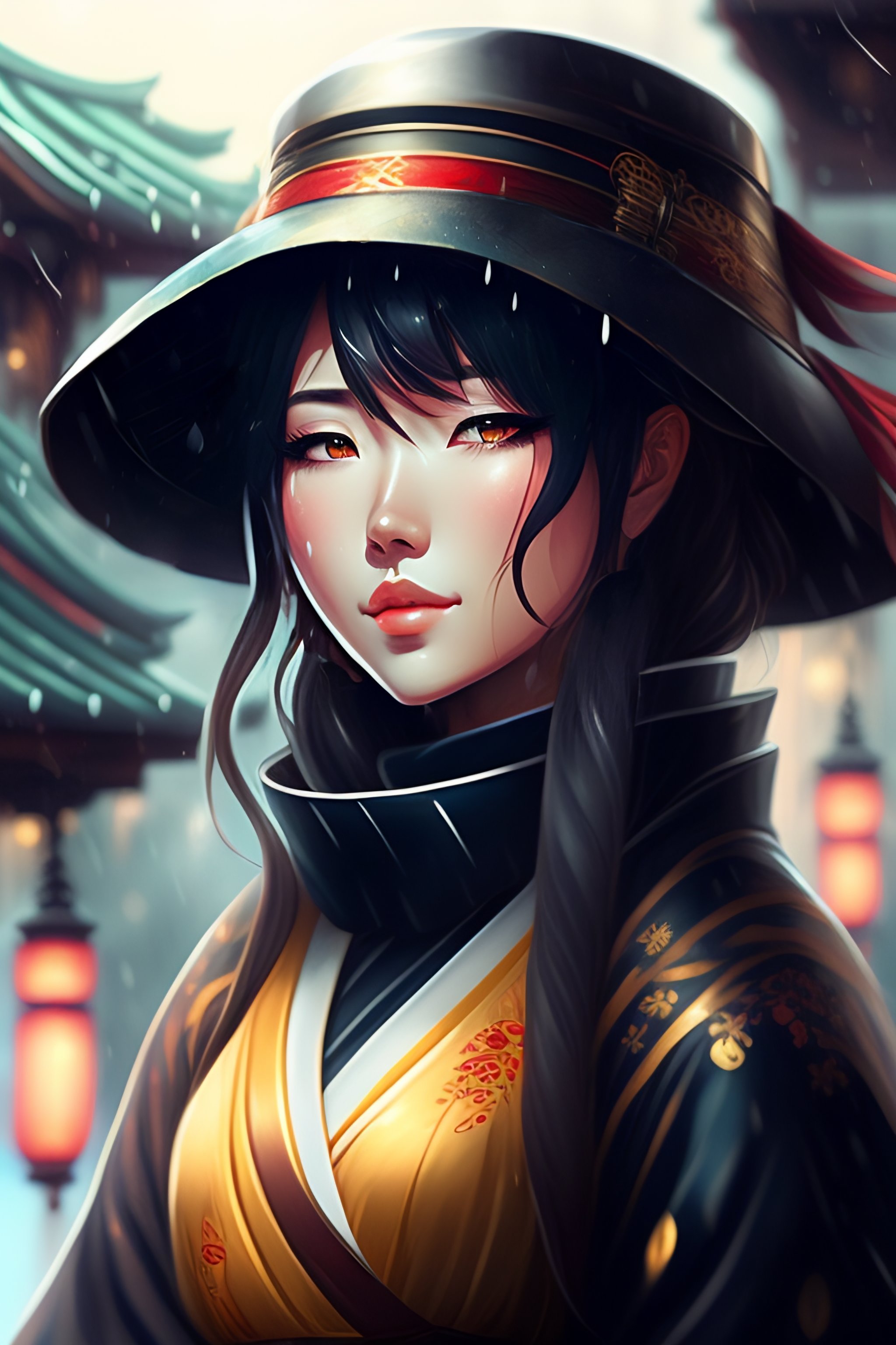 Lexica - Anime samurai girl standing in the rain wearing traditional ...