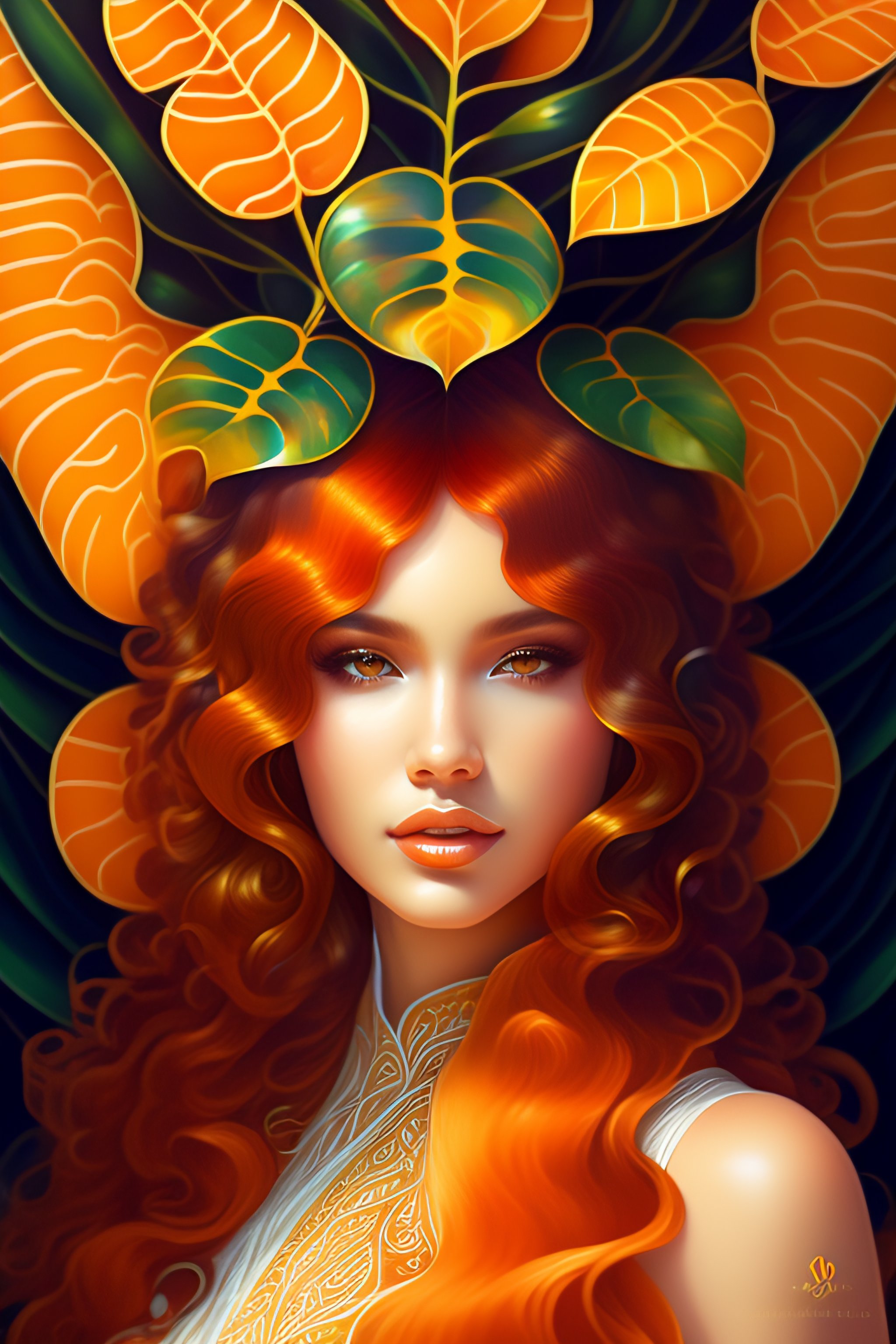 Lexica - Fashionable queen of the monstera, white face, symmetrical ...