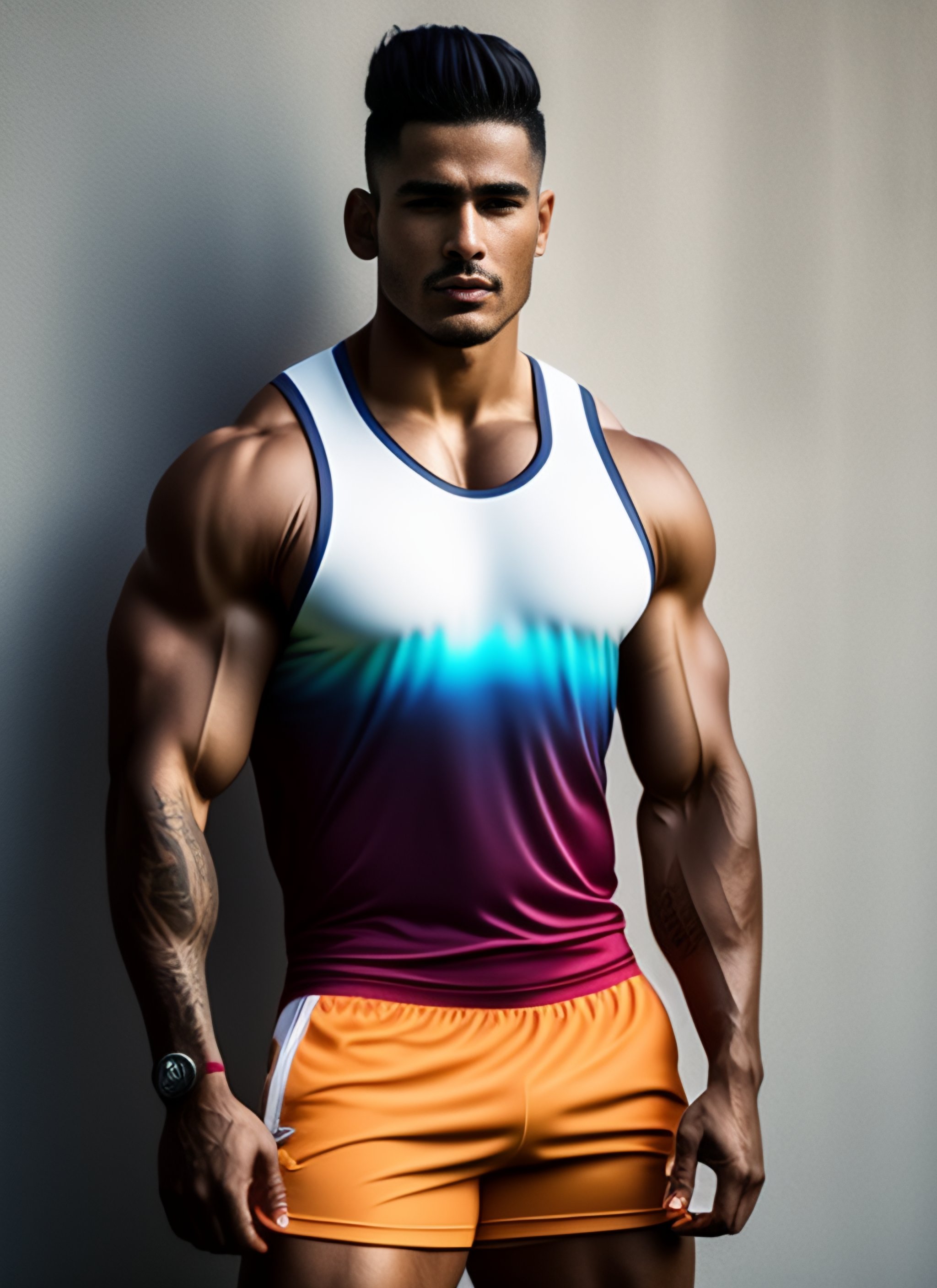 Lexica - Attractive fit latino man wearing a tank top under a hot summer day, professional ...