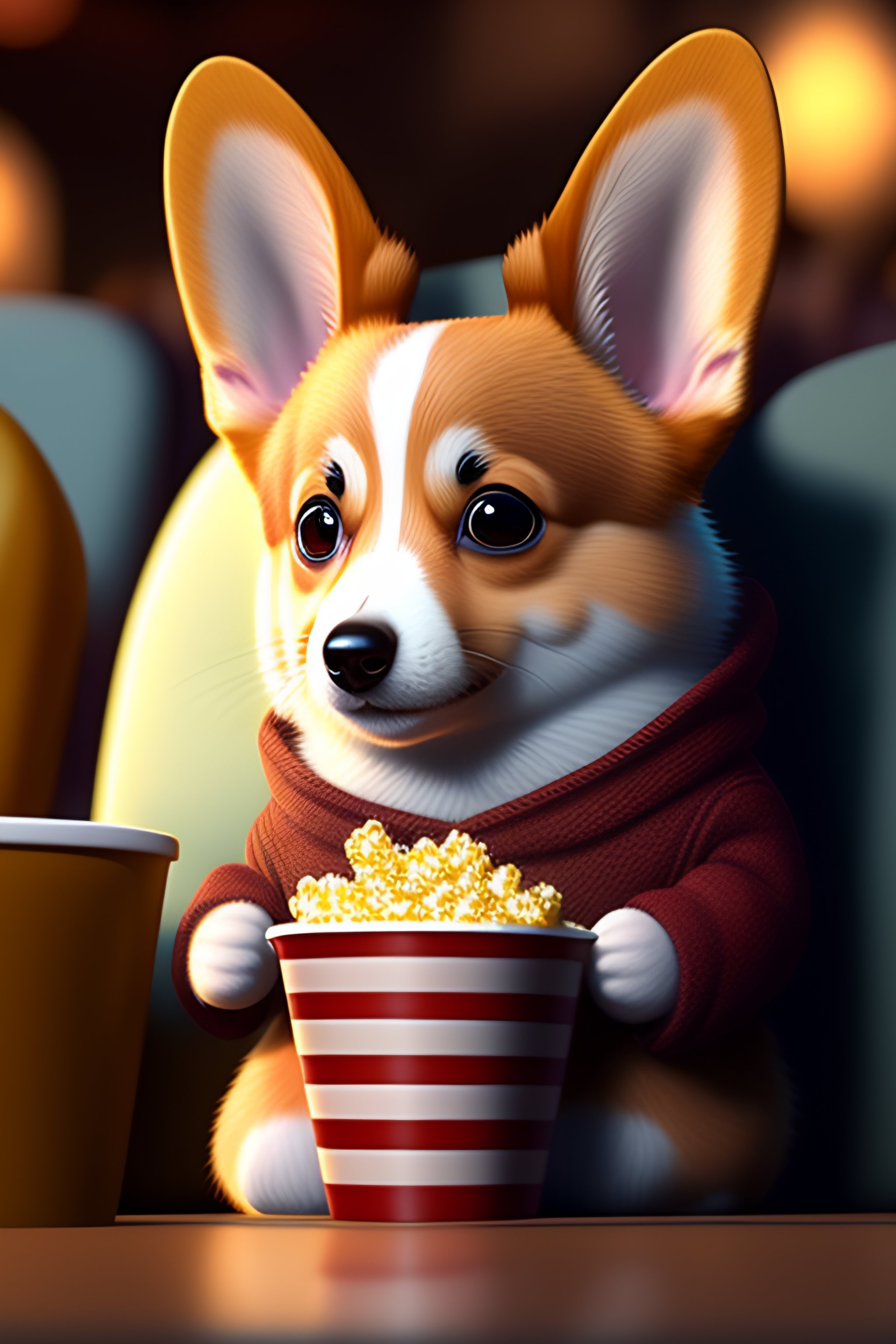 Lexica - Cute small humanoid corgi sitting in a movie theater eating ...