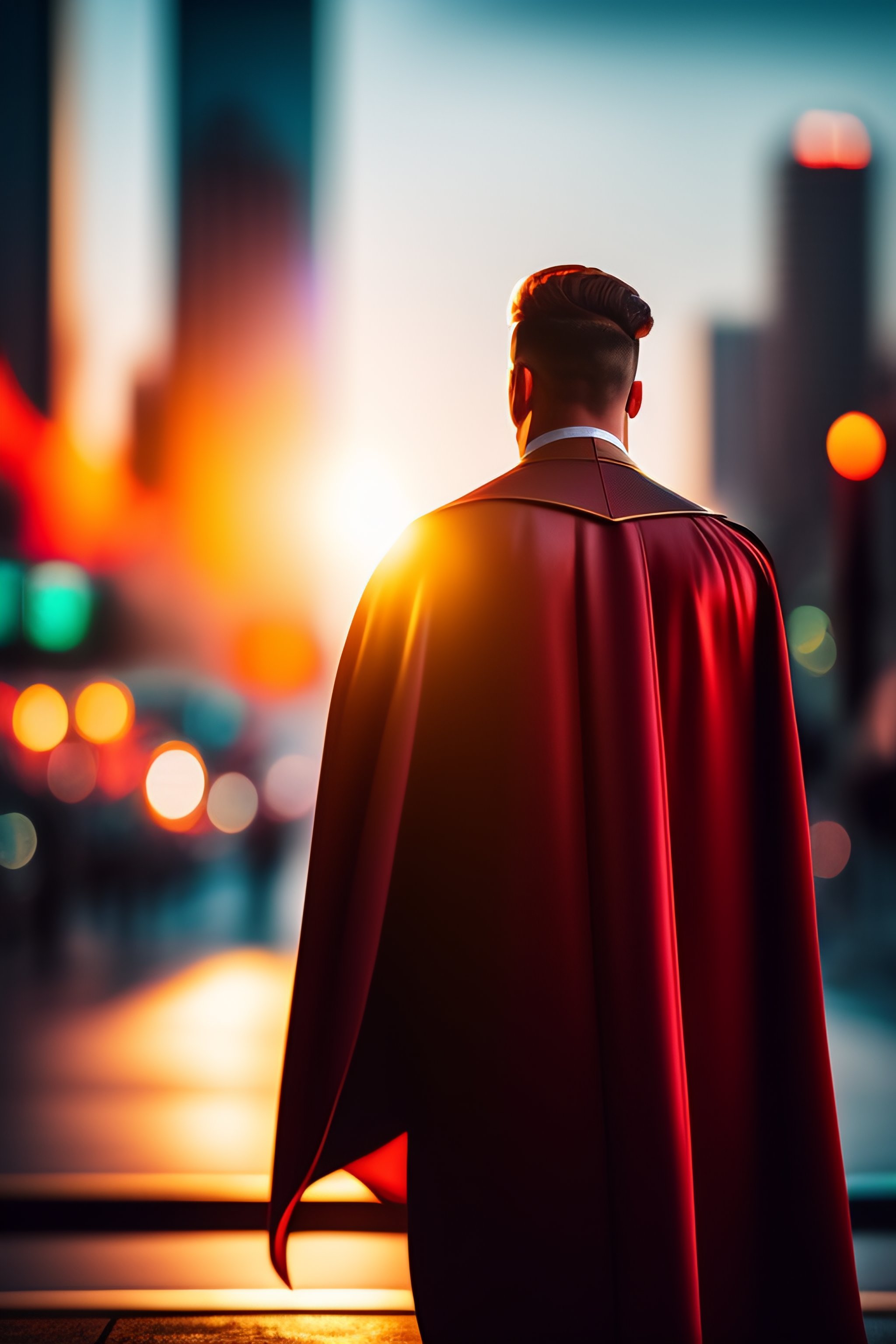 Lexica - A 3 5 mm photo from the back of a superhero wearing a cape ...