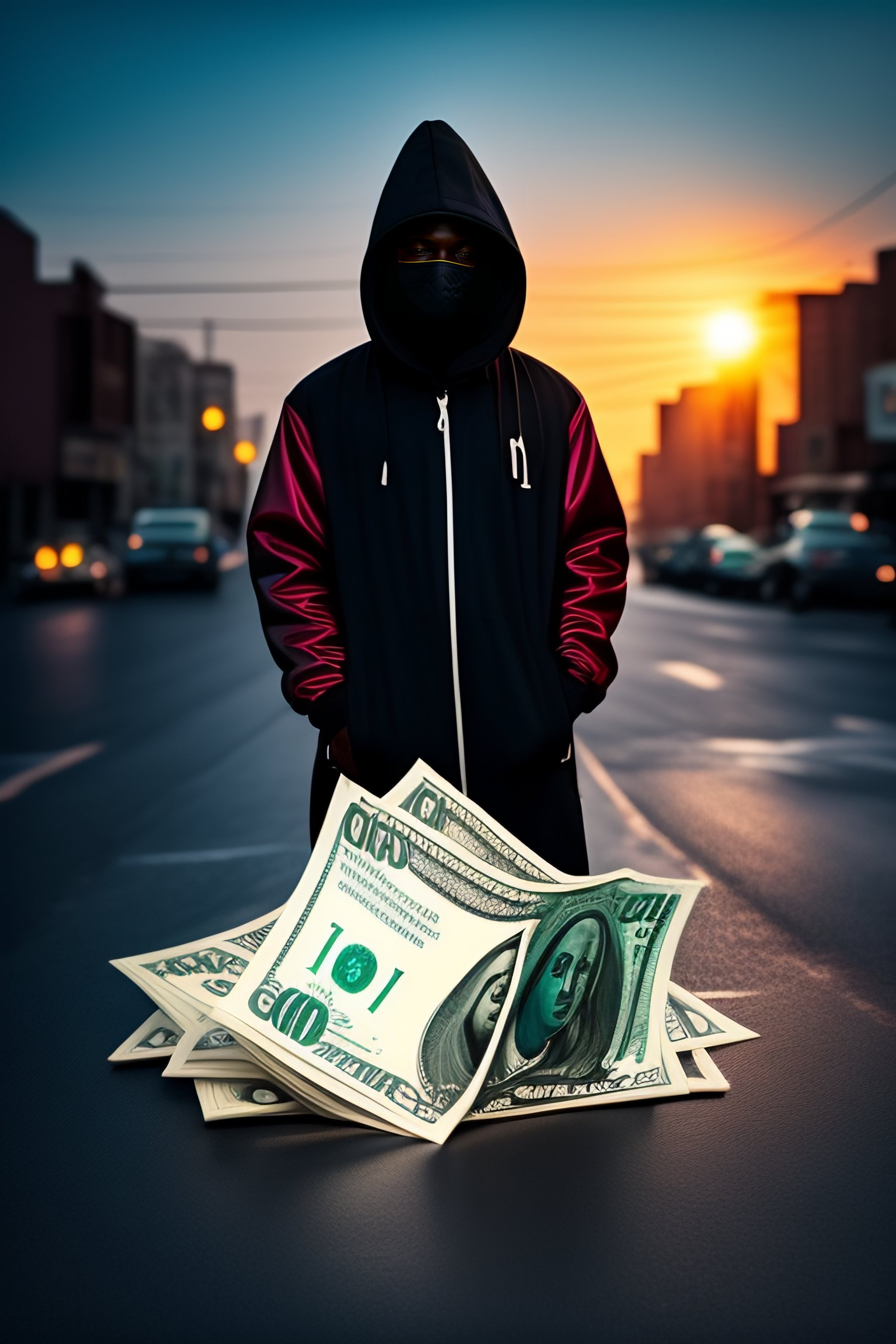 Lexica - A bundle of dollars on the table 90's gangster with fullhead ...