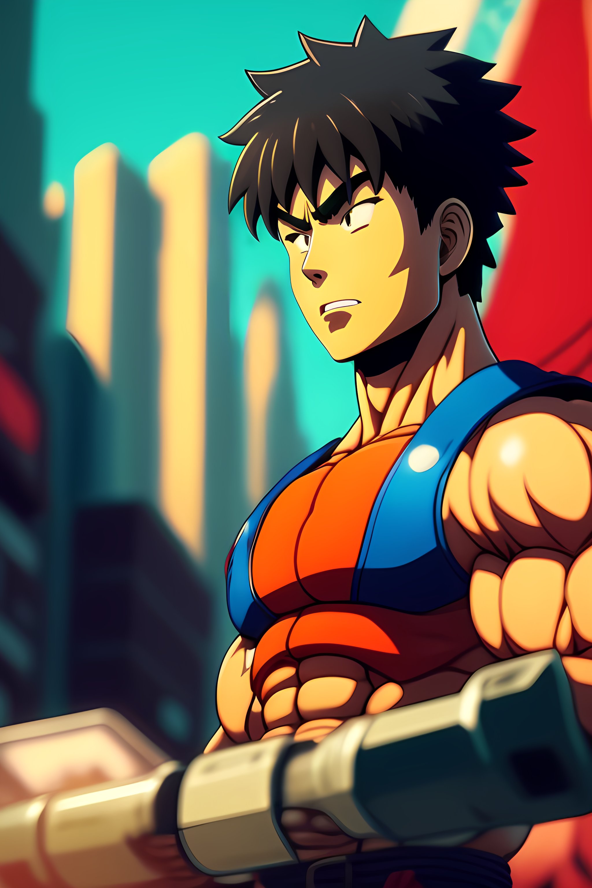 Lexica - Muscle man playing a pc gamer in Attack on Titan style, studio ...