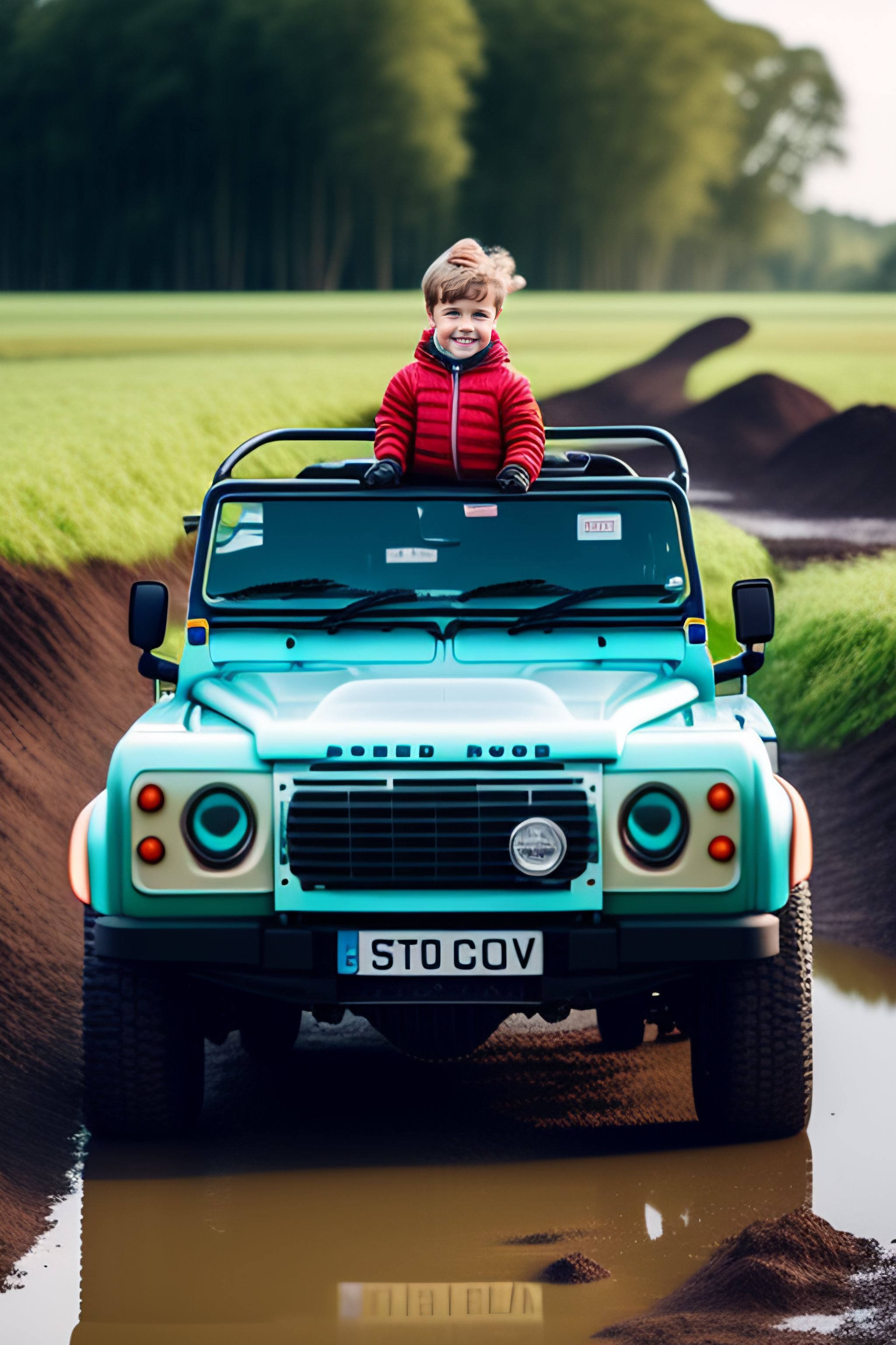 Lexica - A portrait of a kid pushing an old Land Rover Defender ...