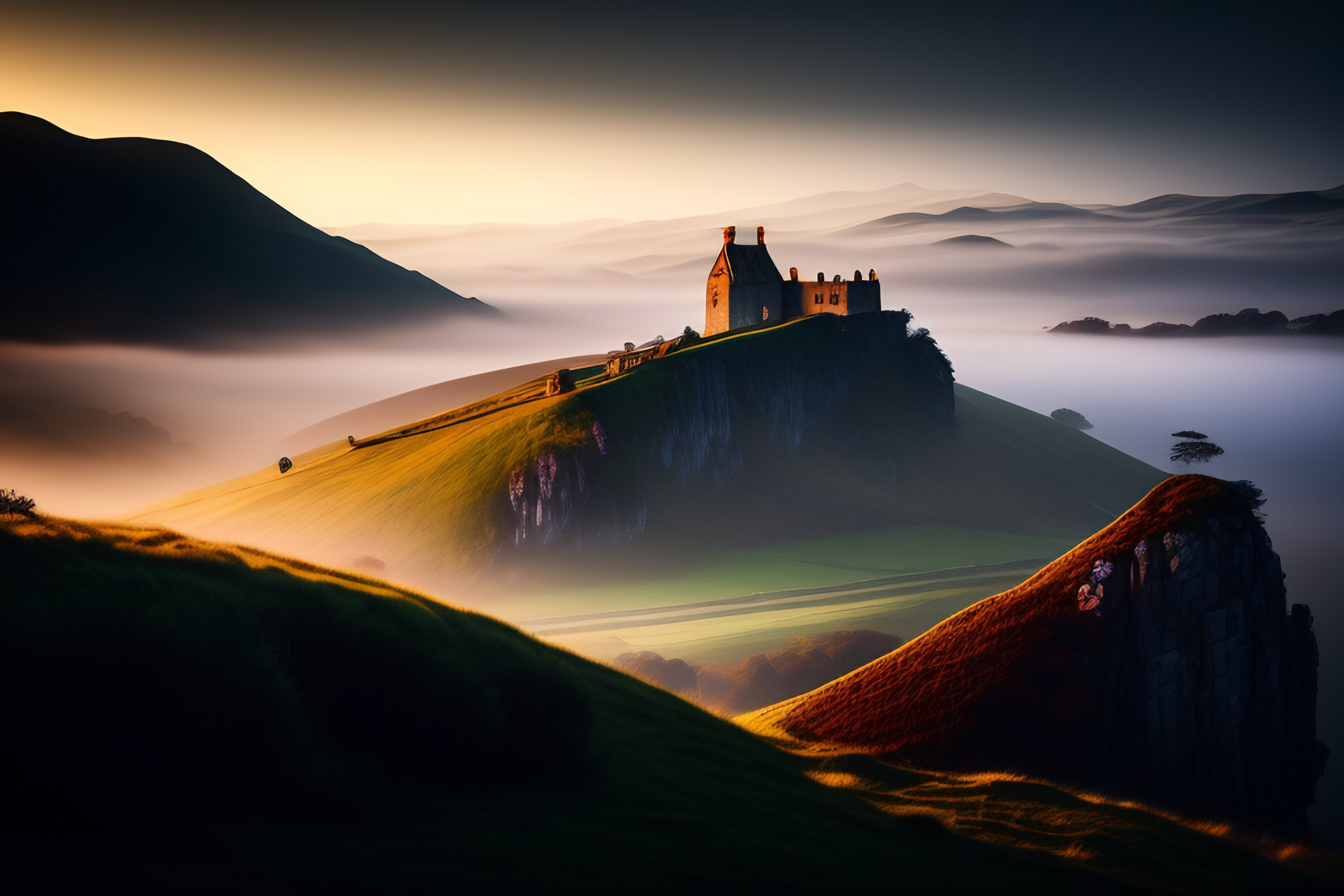 Lexica - Avalon landscape, fog, ruin moot, dramatic lighting, dark fantasy,