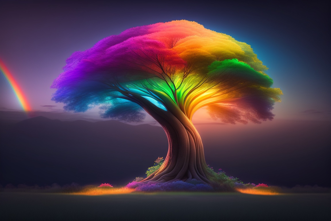 Lexica - 8k photo, banyan tree with rainbow colored trunk, peaceful ...
