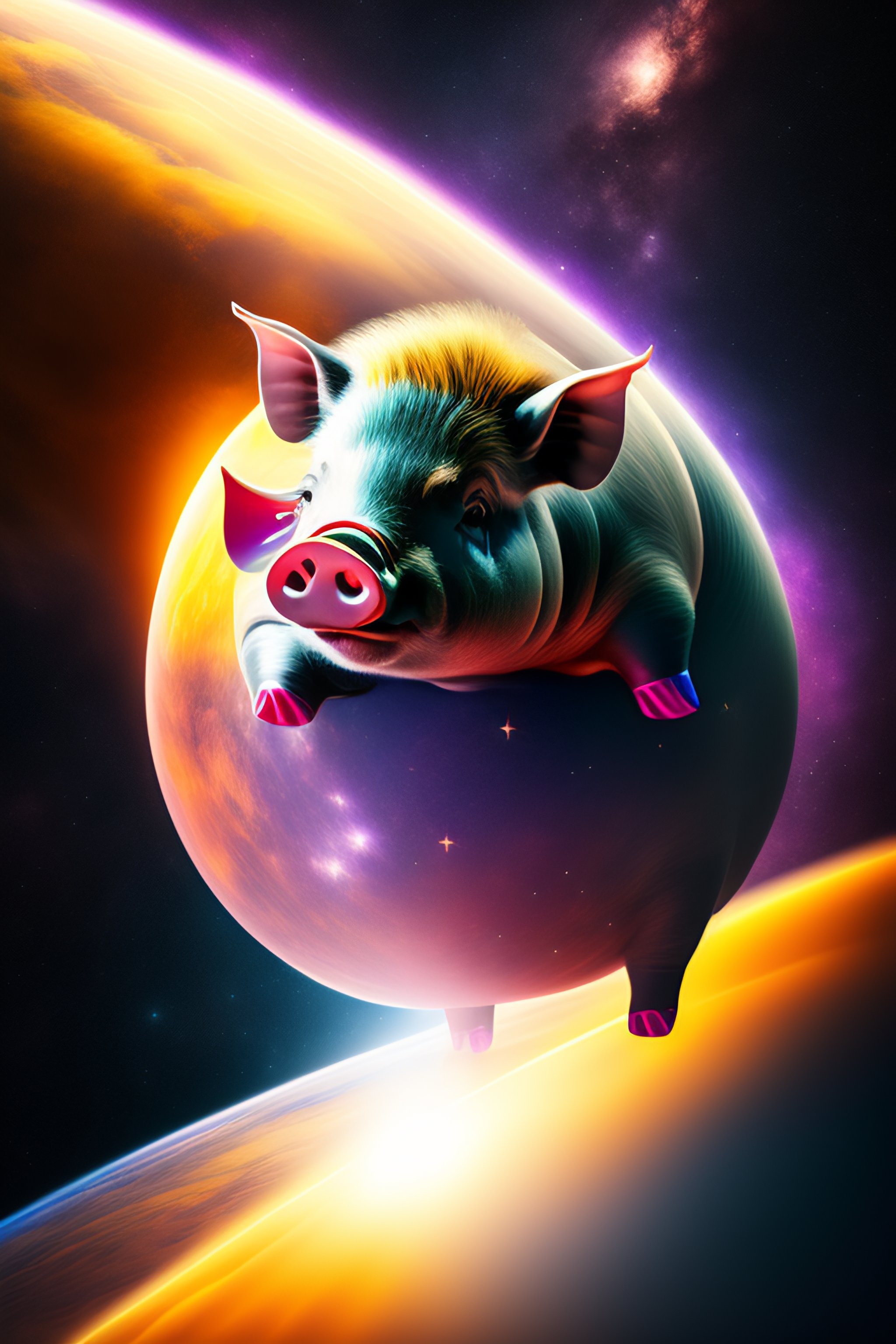Lexica - Pig wearing samurai armor flying in space around the sun. 8k ...
