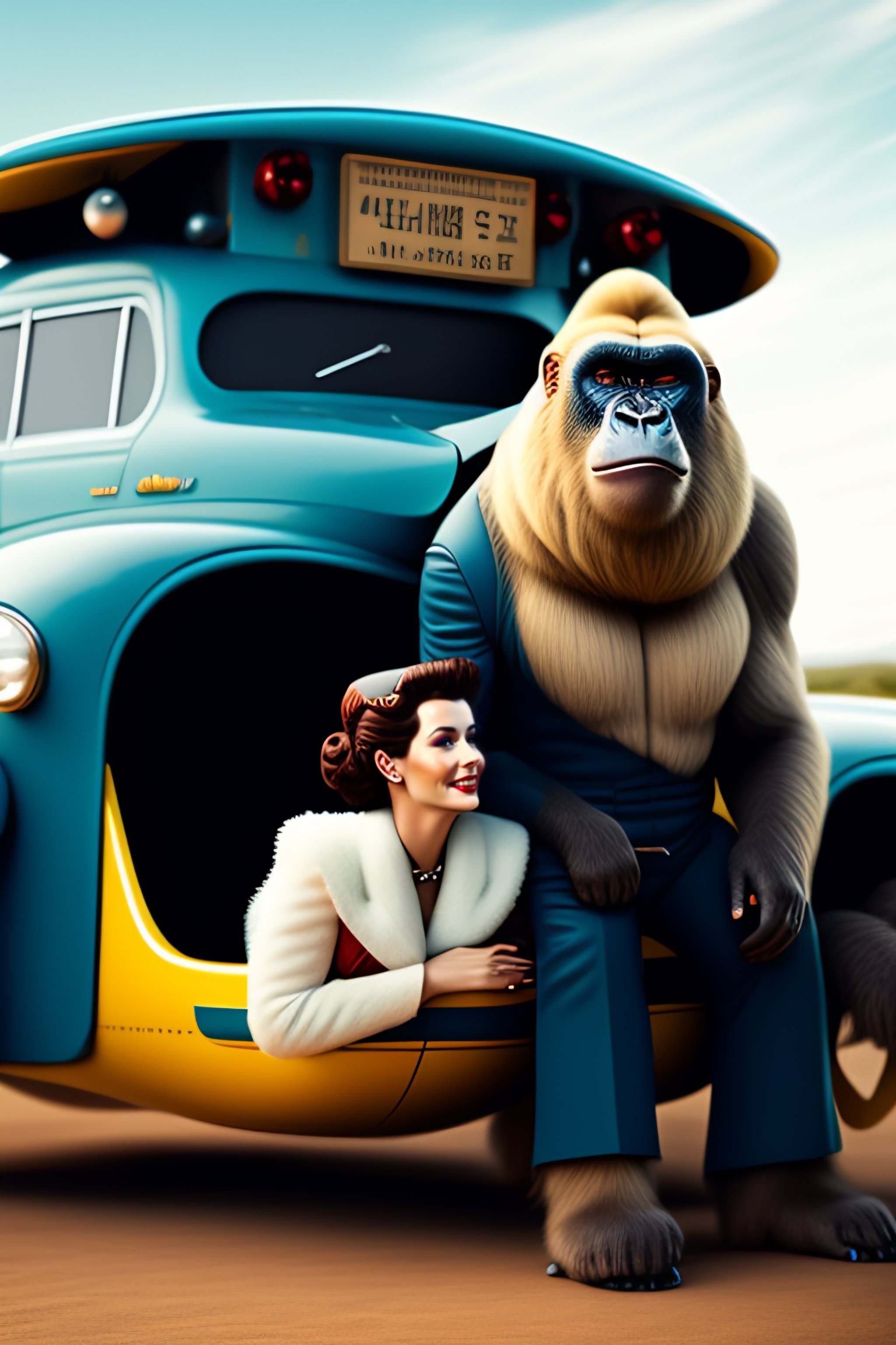 Lexica - 50s marriage with white gorilla in flying car on vacation