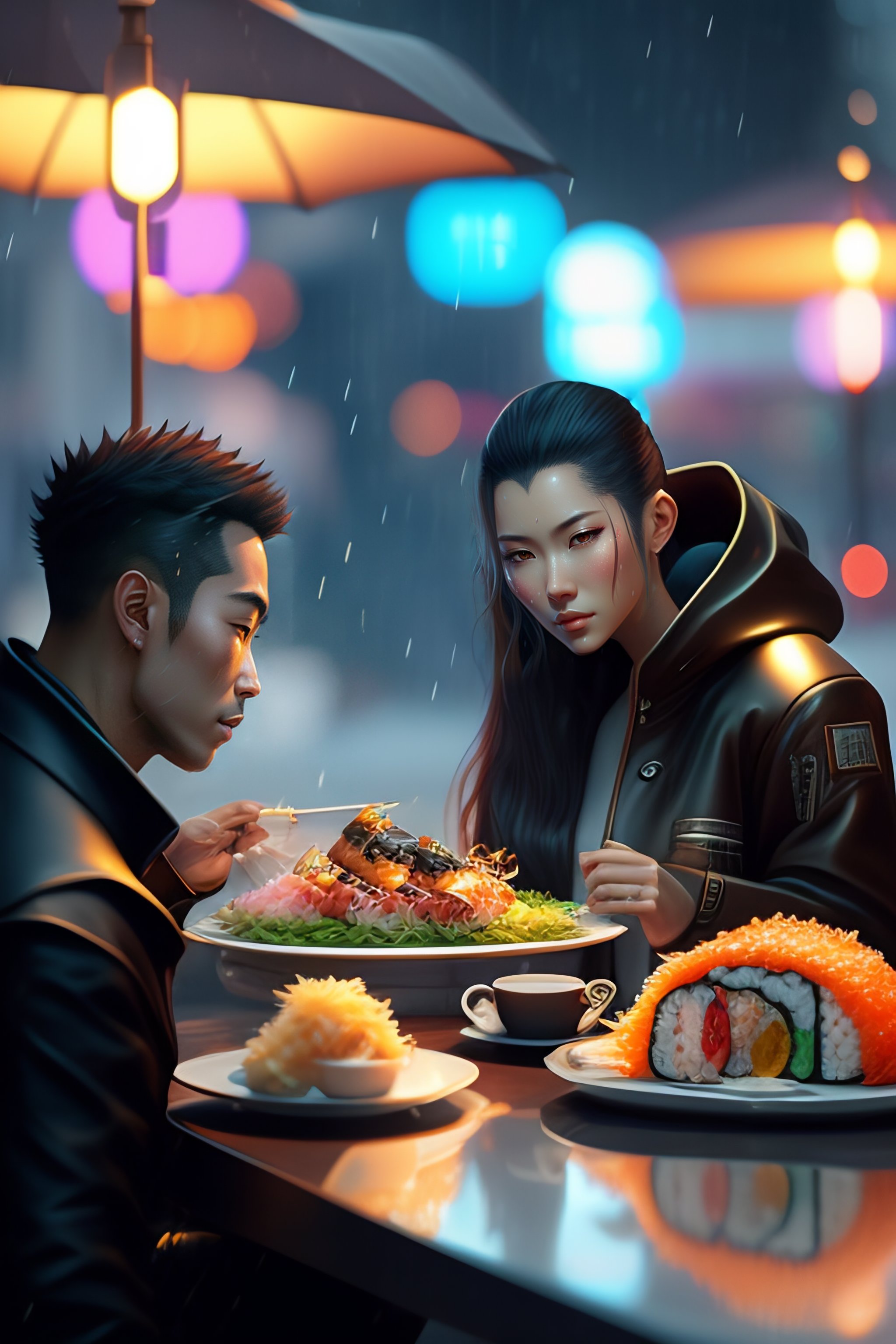 Lexica - A group of cyberpunk cyborg eating sushi on a table outside in ...