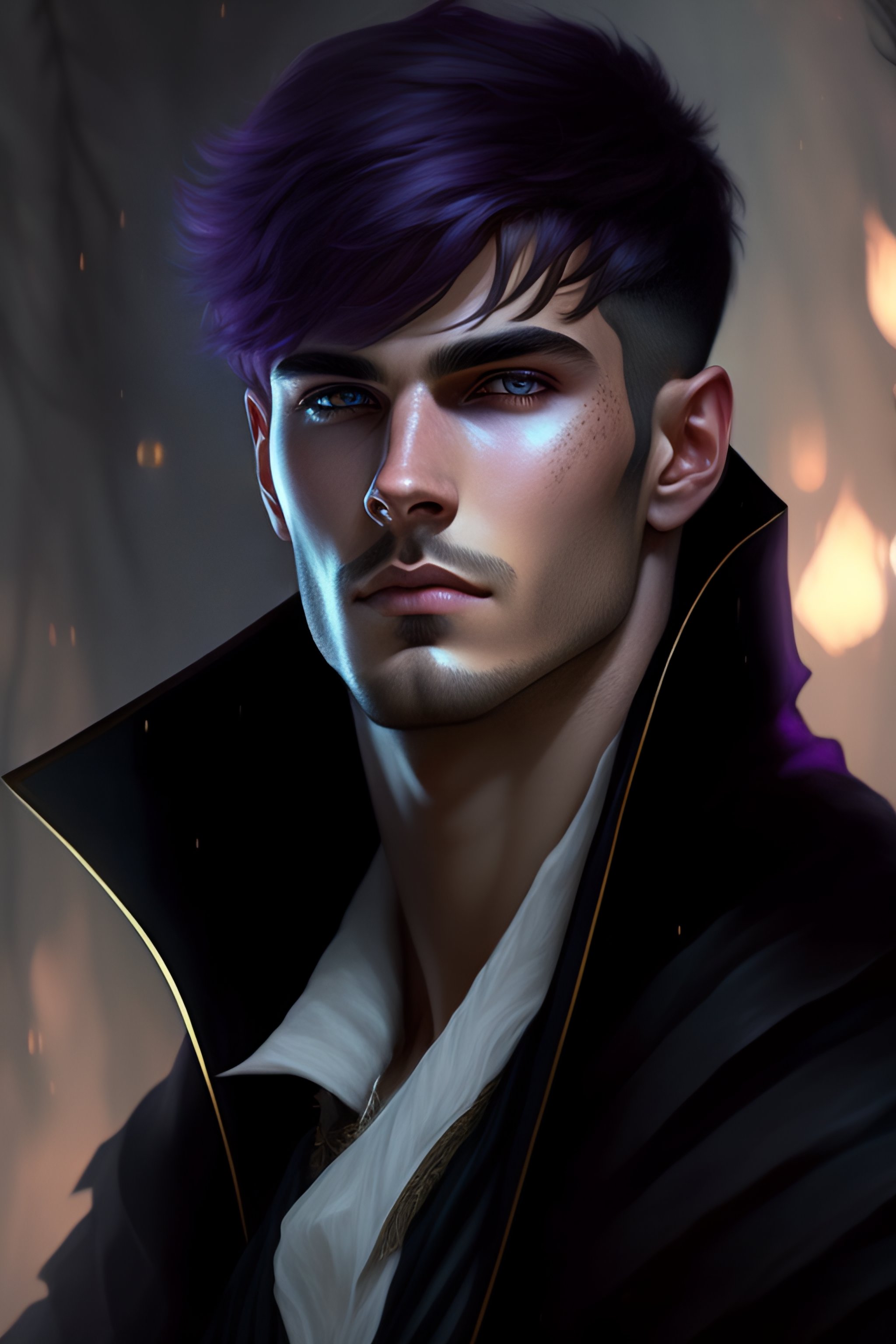 Lexica - Young male with purple and black short hair bangs covering the ...