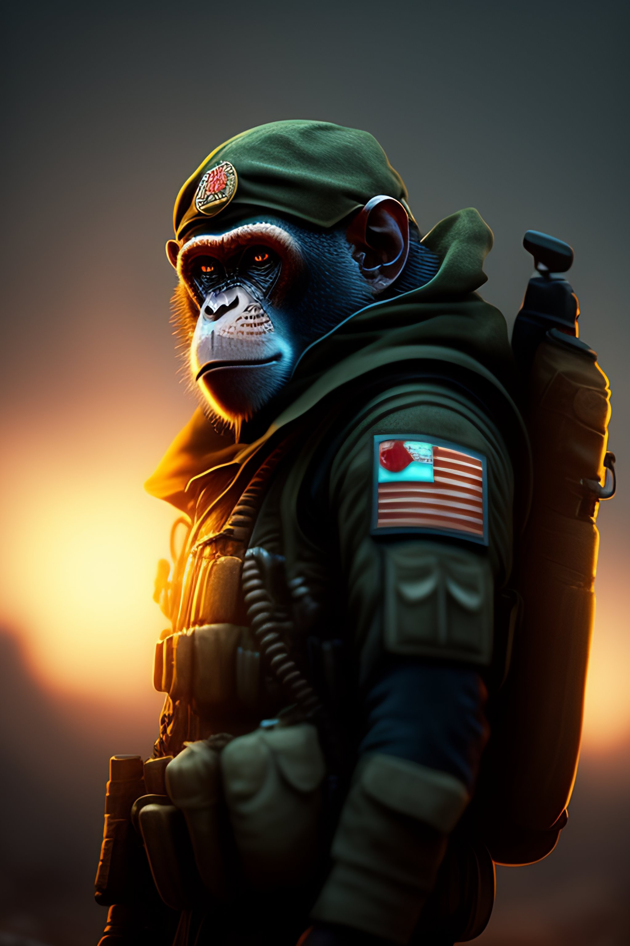 Lexica - An exhausted monkey at the frontlines in the army at night ...