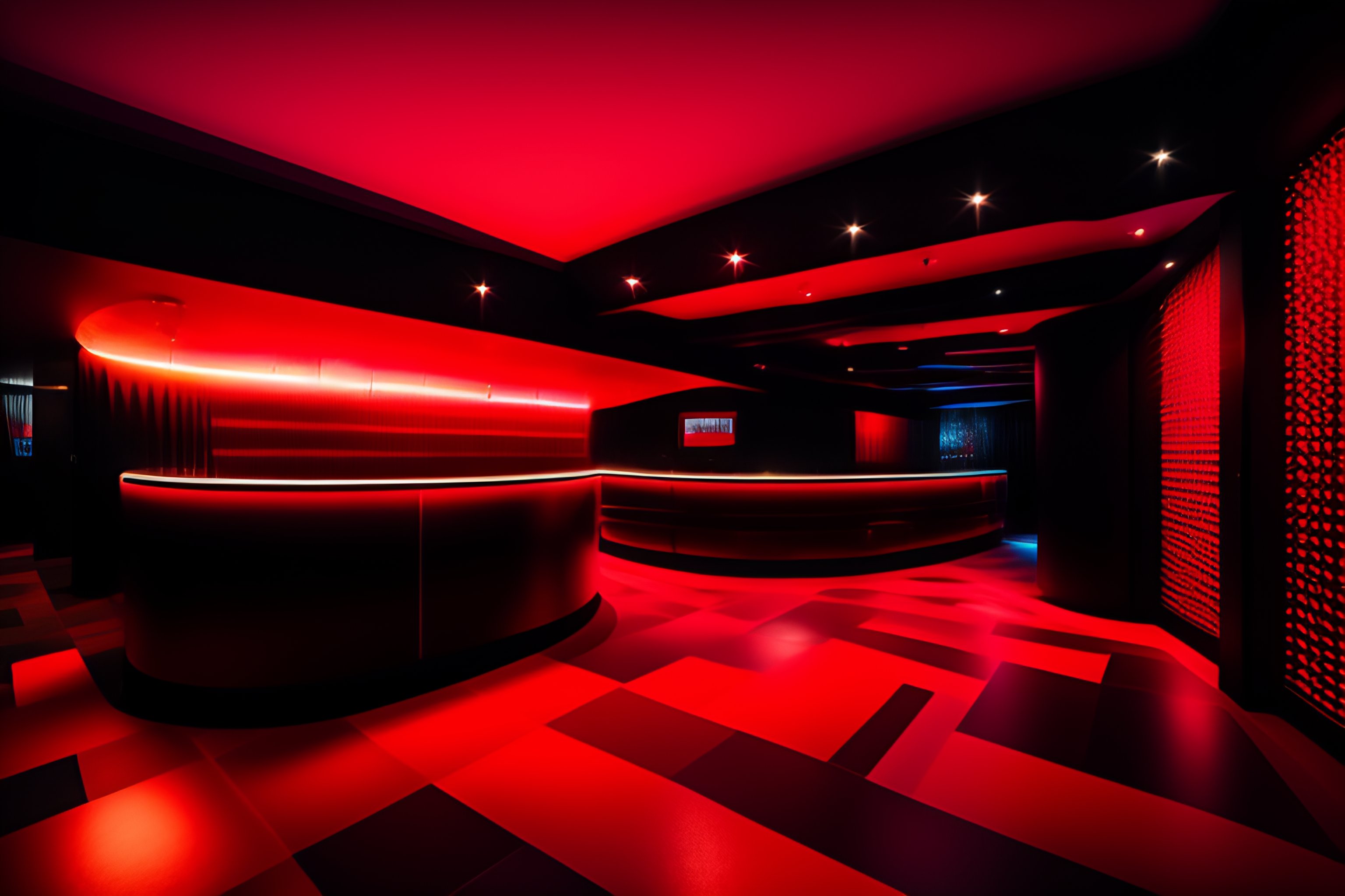 Lexica - Black and red nightclub interior, square shapes