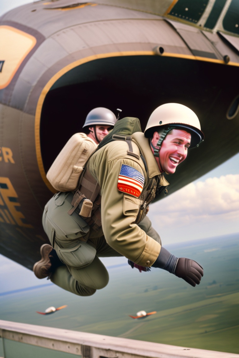 Lexica - Photo of a parachutist jumping out of a plane holding a gun ...
