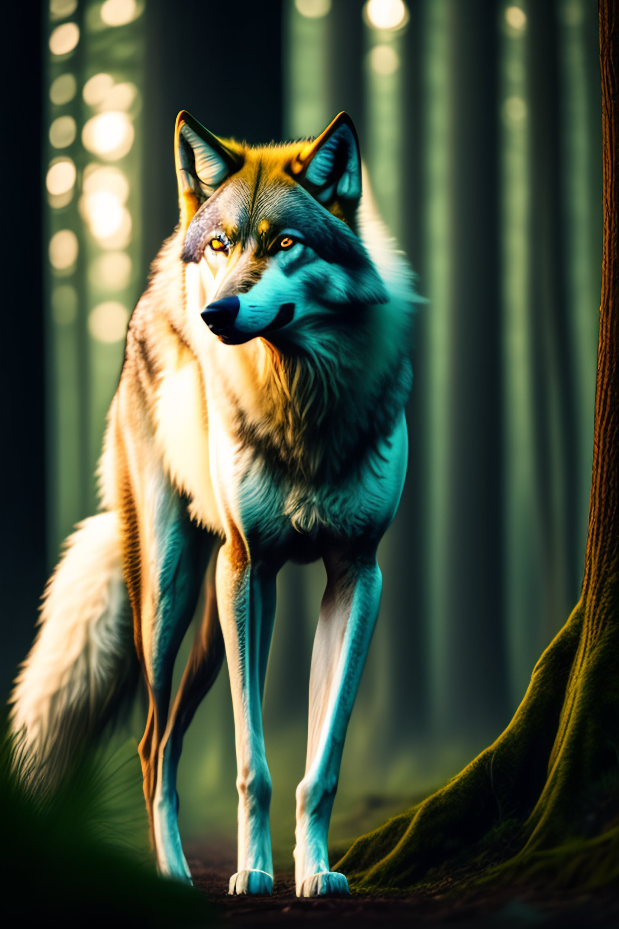 Lexica - Tall very emaciated wolf wearing stilts, dirty white fur, she ...