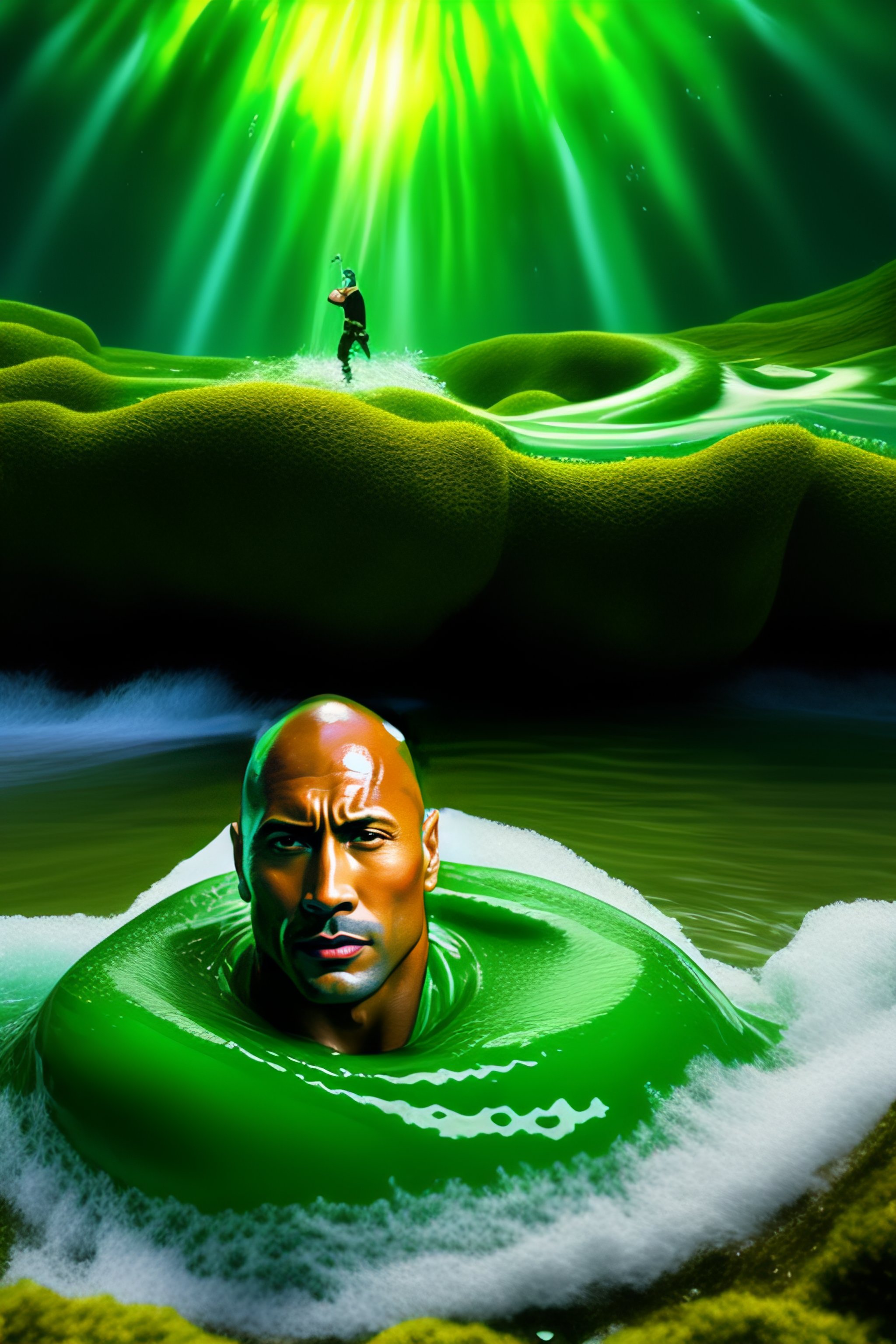 Lexica - Dwayne johnson drowning in a sea of green slime, Realistic