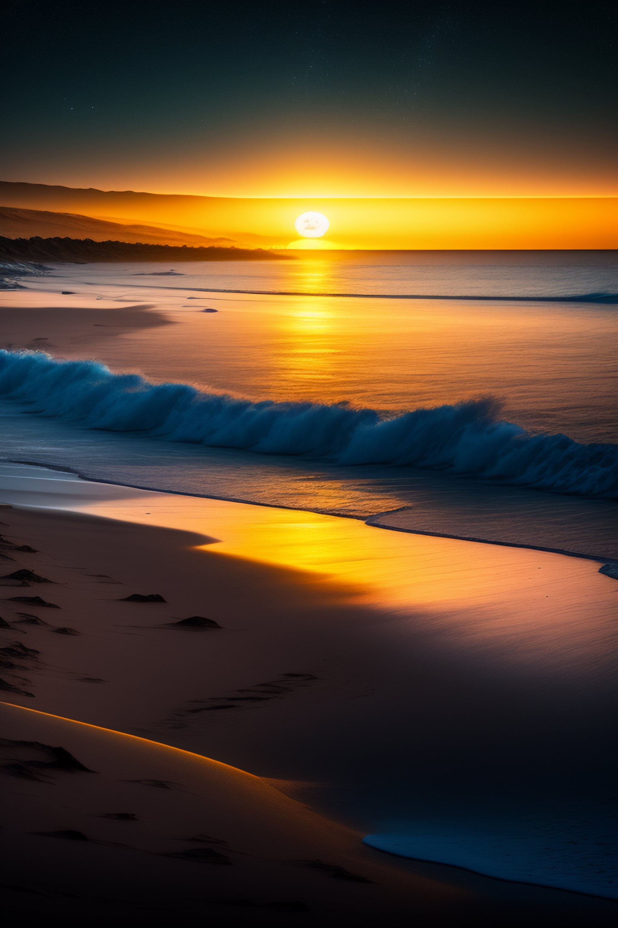 Lexica - A gold sand beach, at night, full moon, crystal clear water