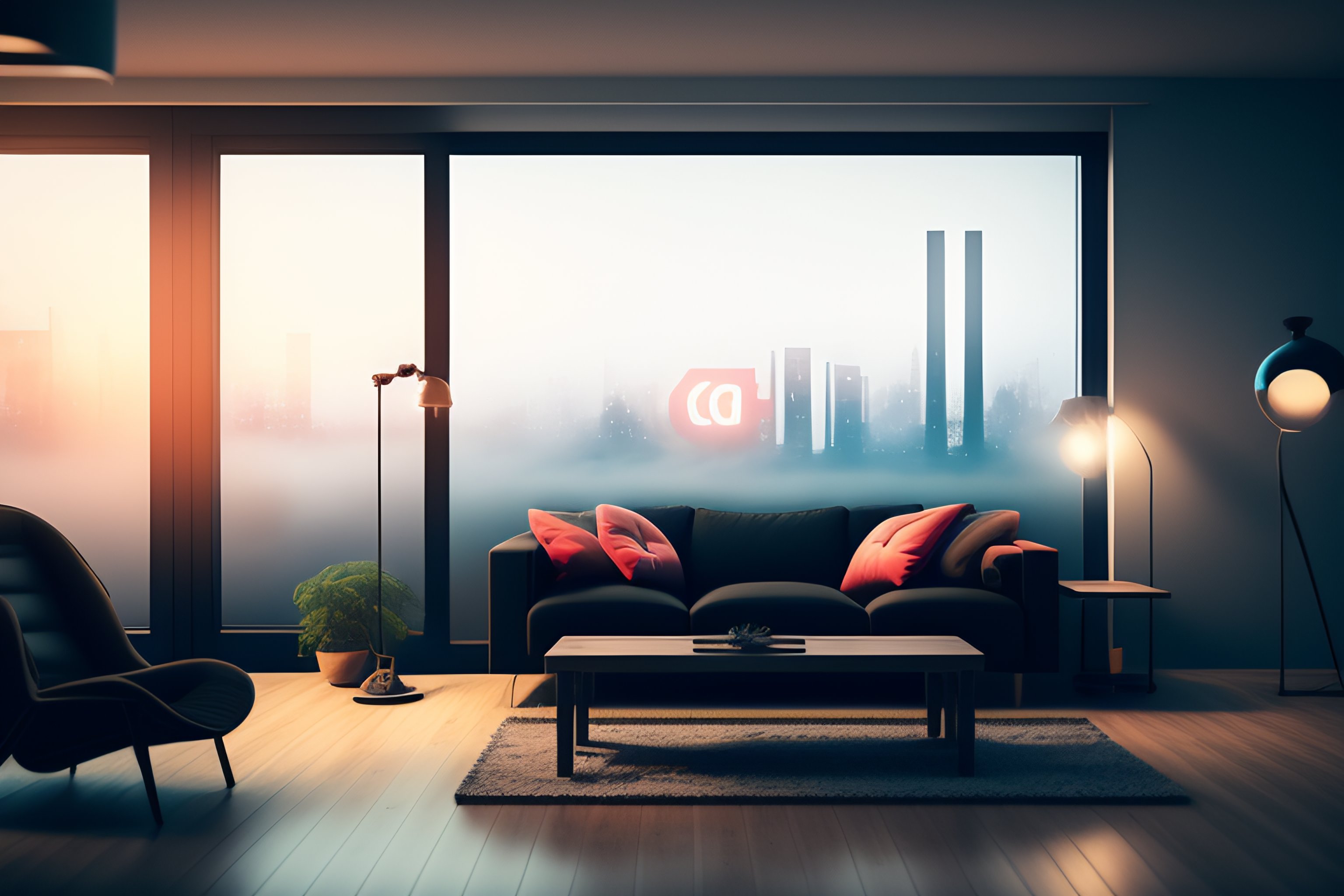 Lexica - Swedish industrial living room with simple furniture, a neon ...