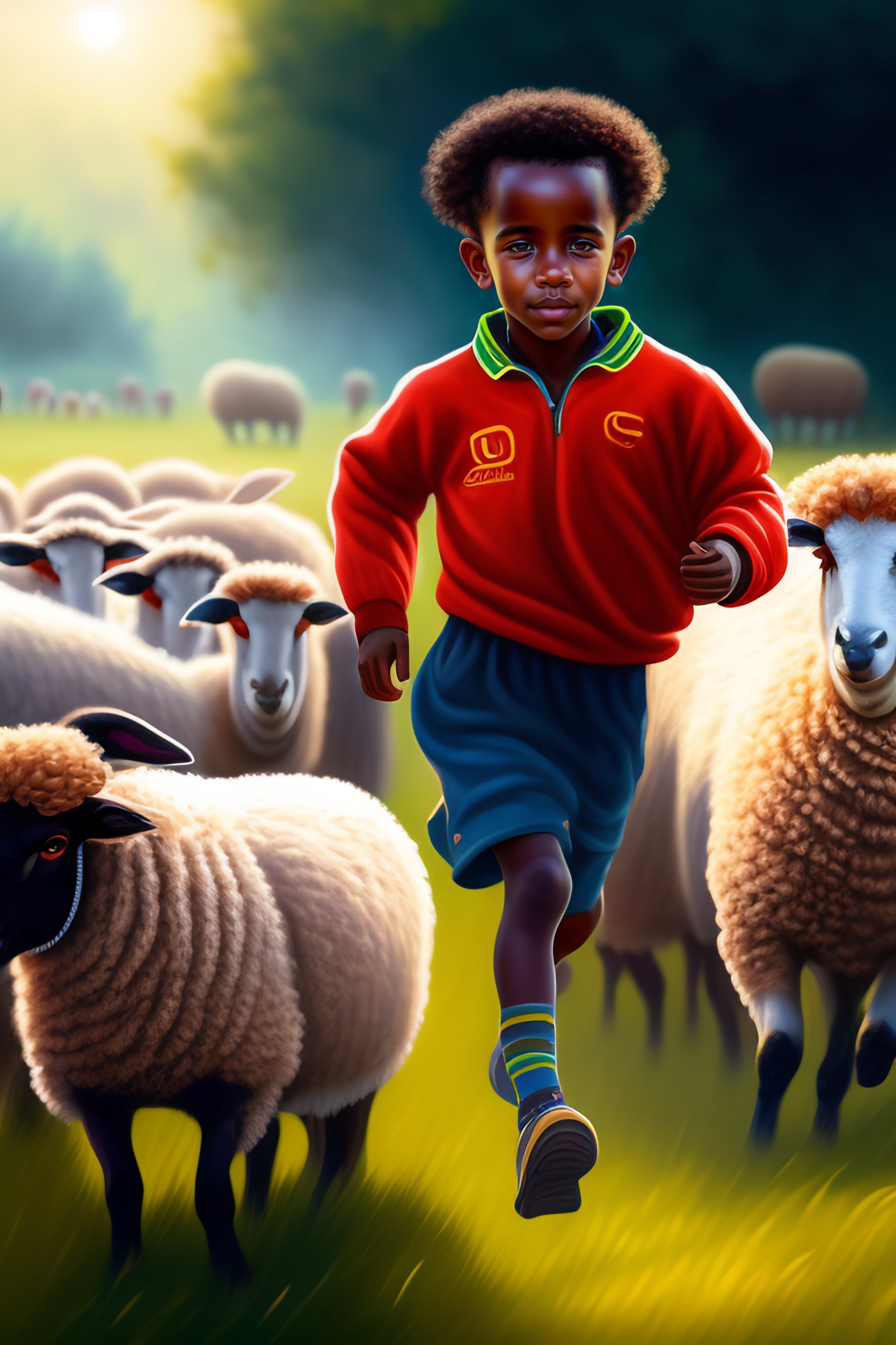 Lexica - Young Ethiopian Shepard boy running with group of sheep, grazing fields, summer camp ...