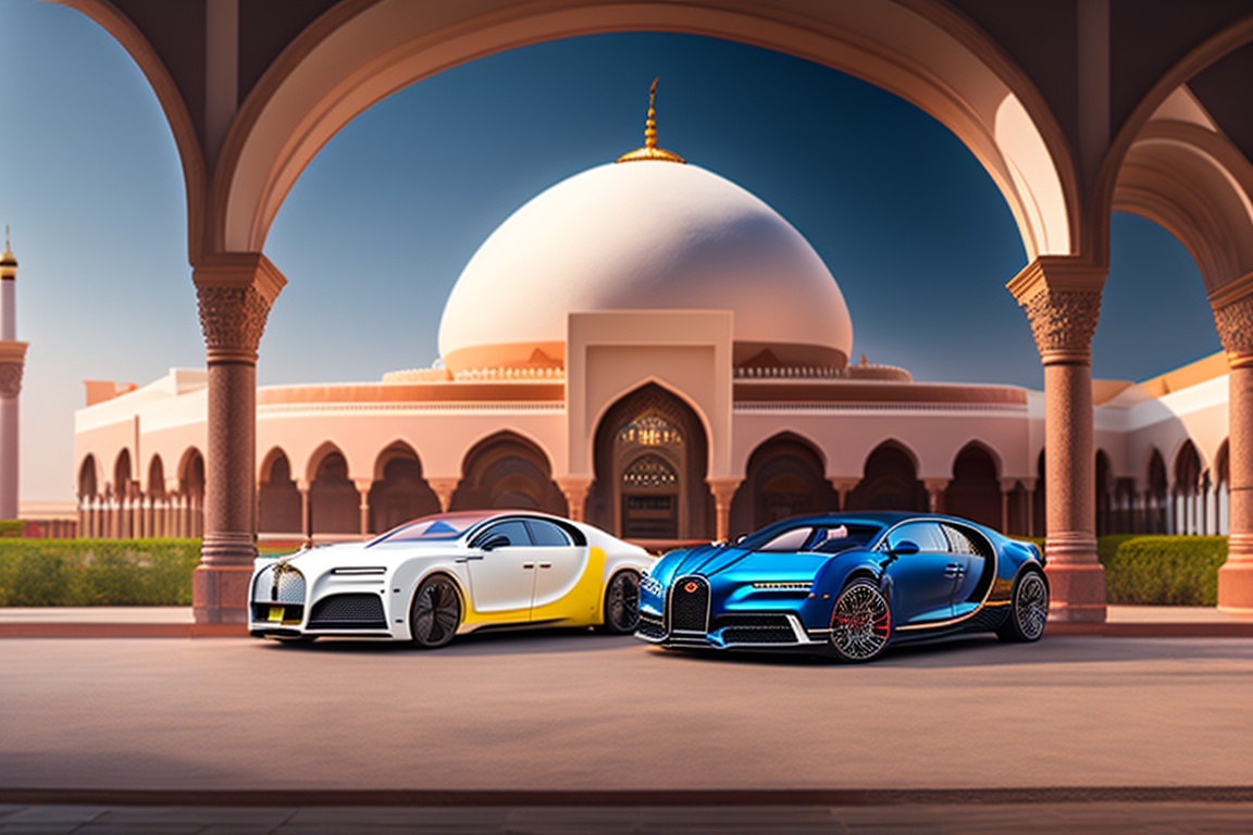 Lexica - A Bugatti Chiron and rolls Royce Ghost in front of mosque