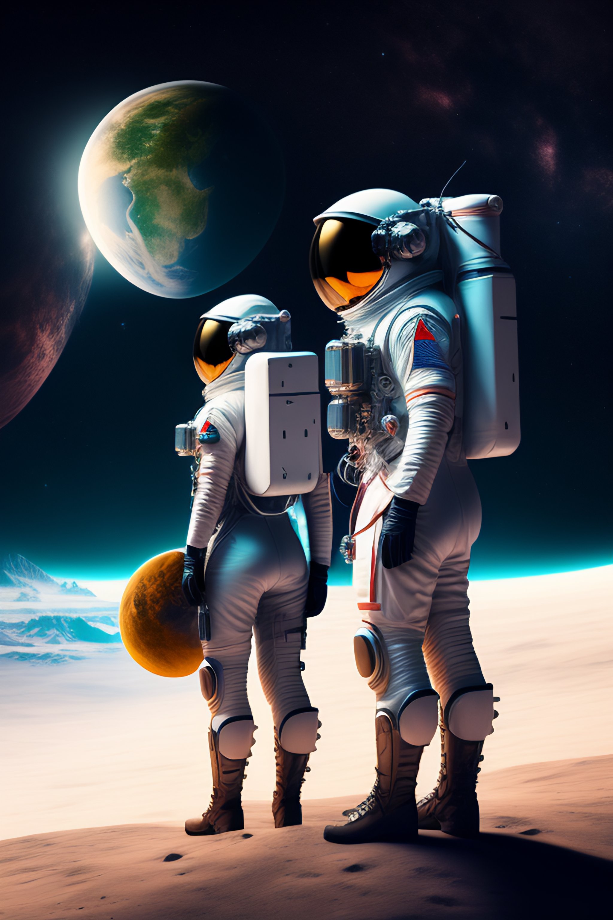 Lexica - 3D render of a steampunk astronaut man and woman on moon ...