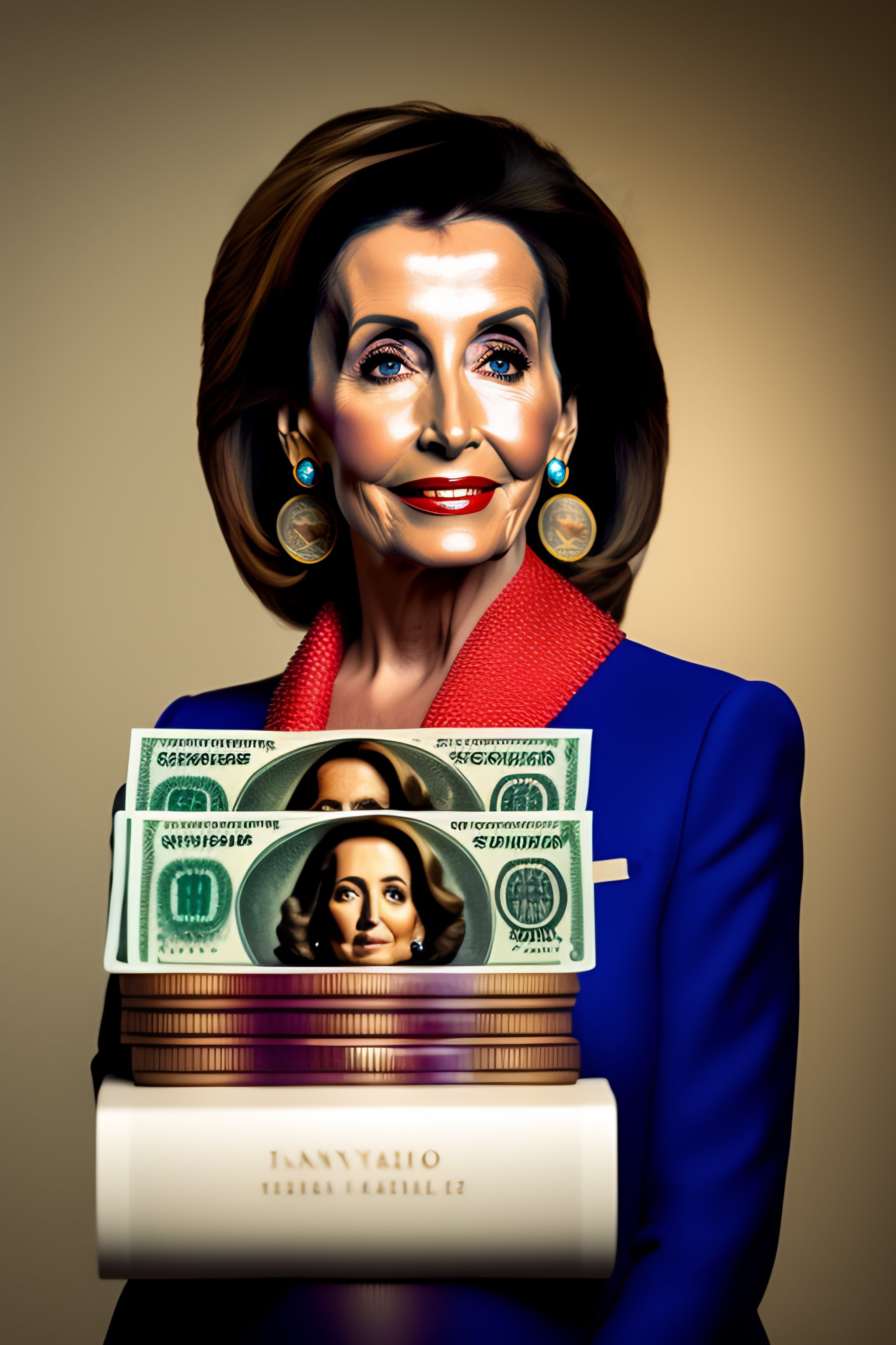 Lexica - Portrait of nancy pelosi standing on a huge pile of money