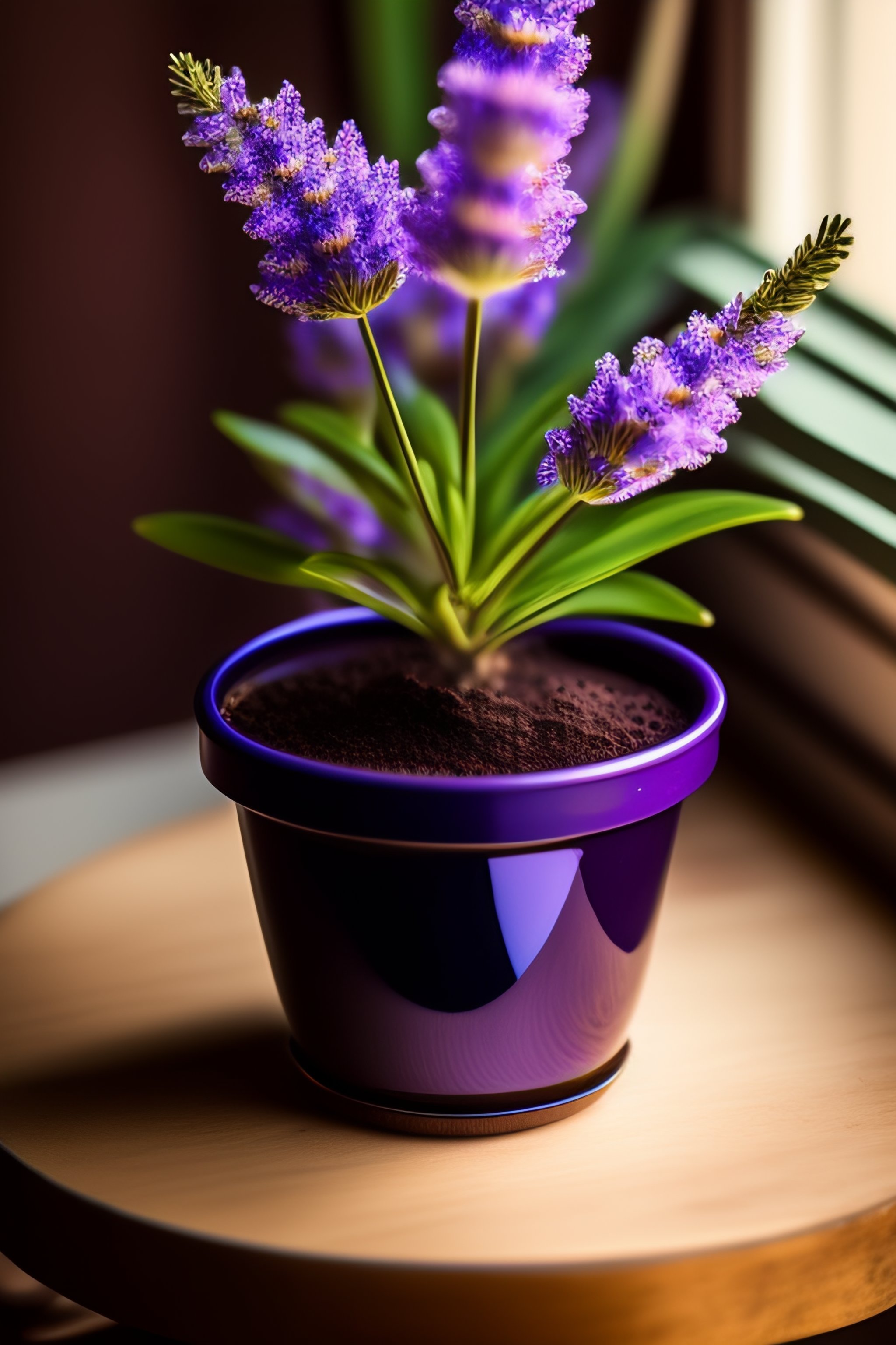 Lexica - Potted lavender plant detailed on a small table