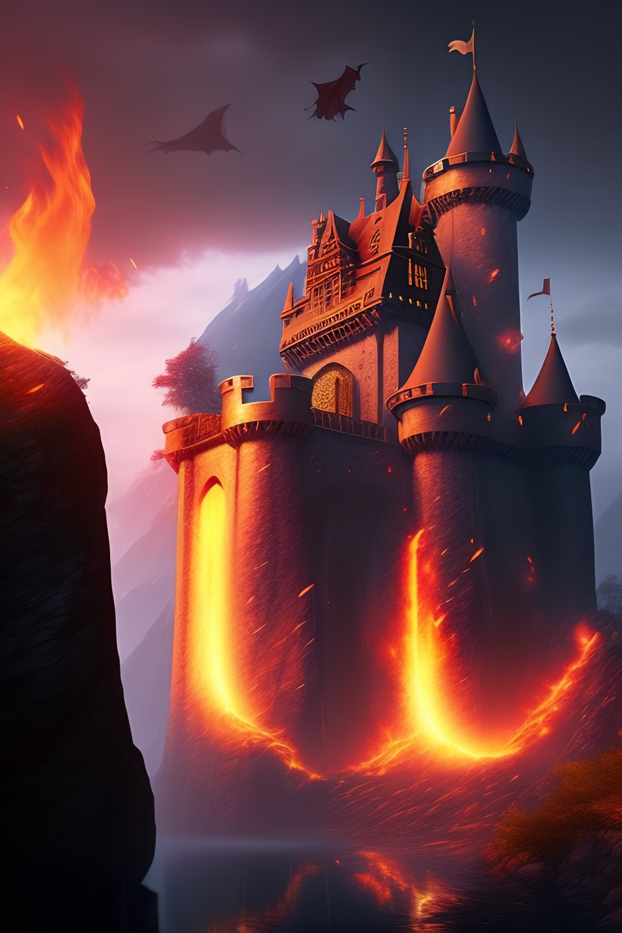 Lexica - An epic castle batle, dragons, medieval, fire, magic, digital art