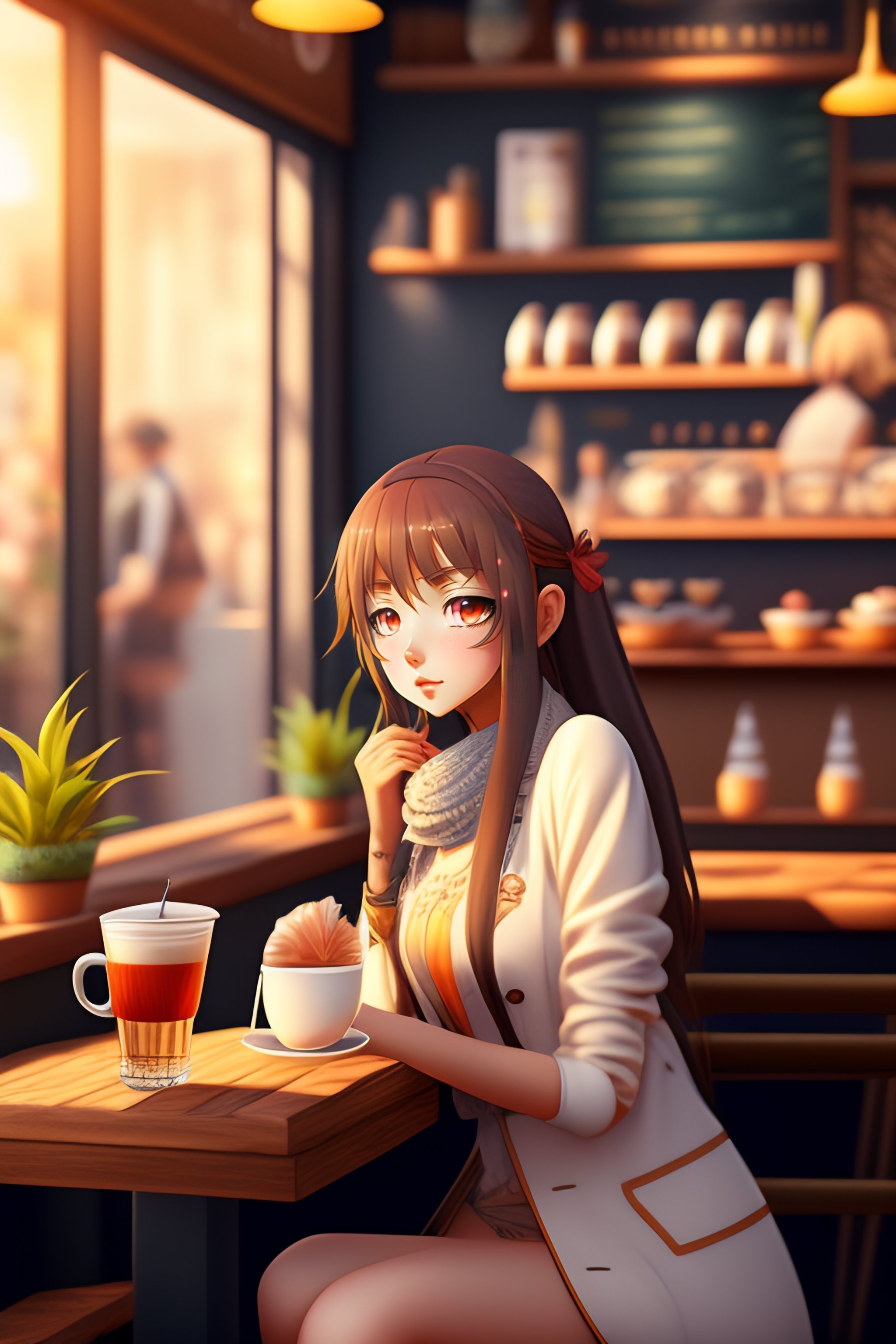 Lexica - Full body anime style model girl inside coffee shop, detailed ...