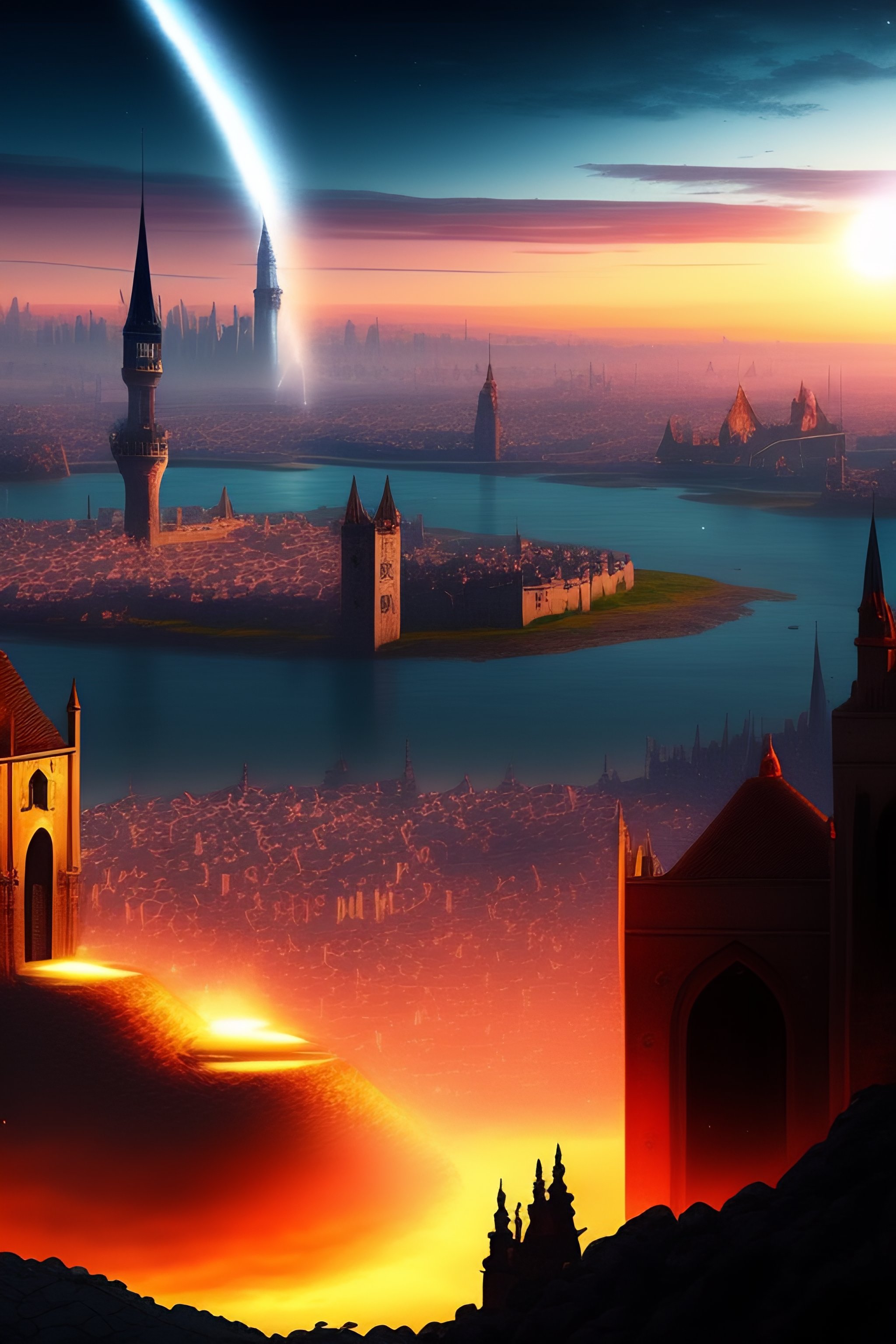 Lexica - An illustration of apocalyptic medieval city. huge meteor impact