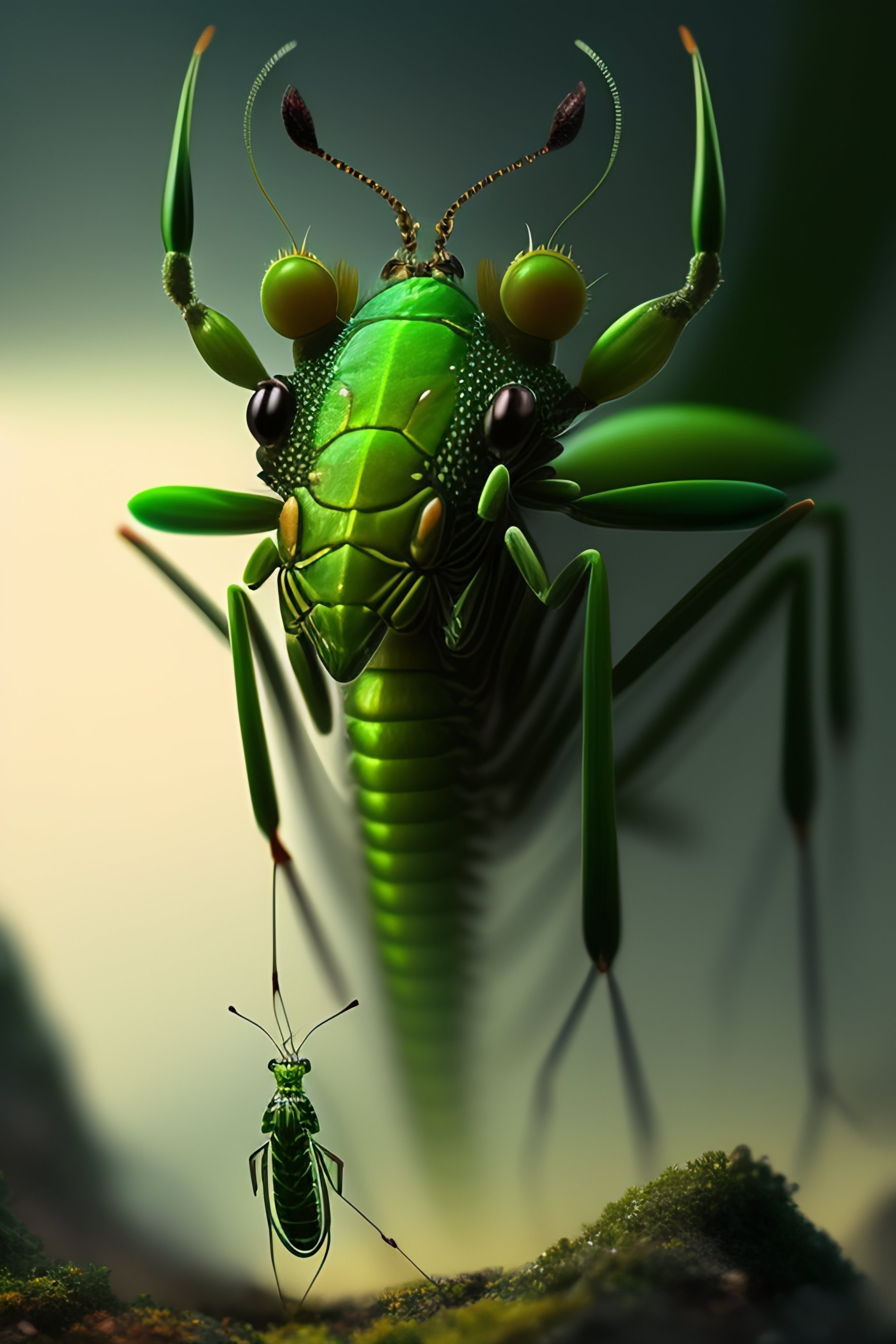 Lexica - Full body shot a of green man - mantis ; head with antennae ...