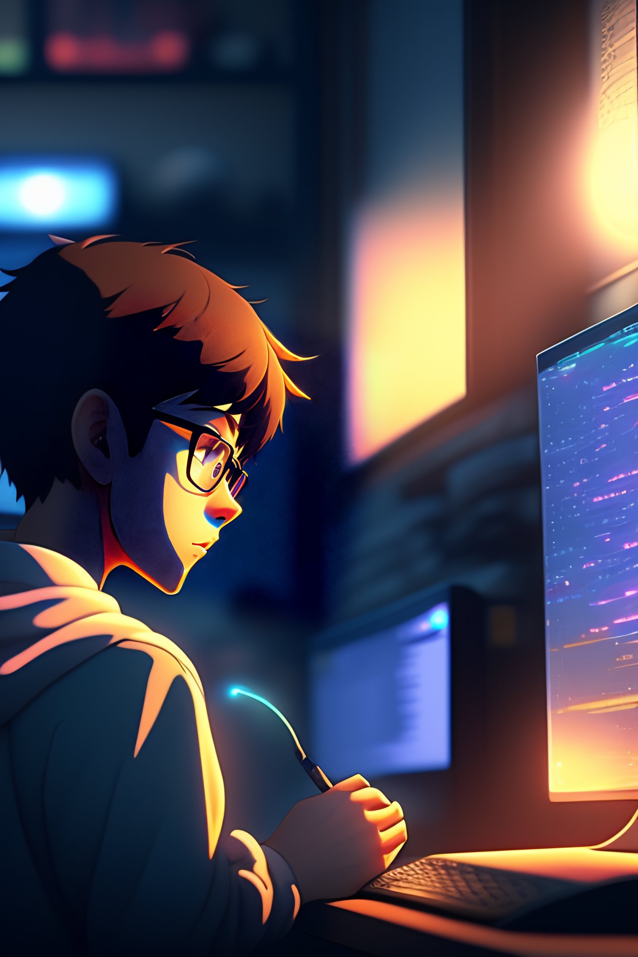 Lexica - A nerdy boy is programming at a computer in a room full of ...