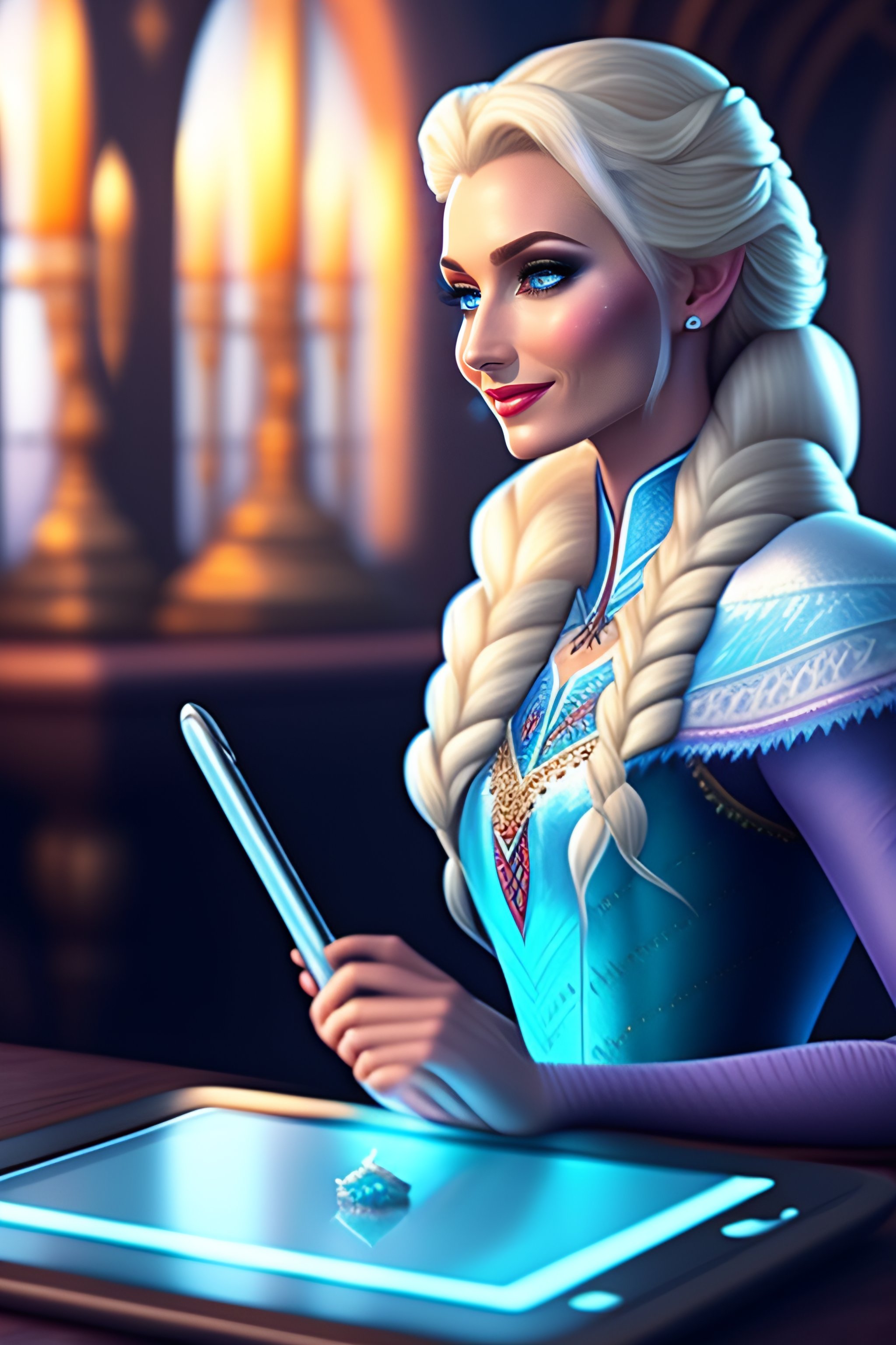 Lexica - Elsa of frozen working on a tablet and sitting in the front of ...