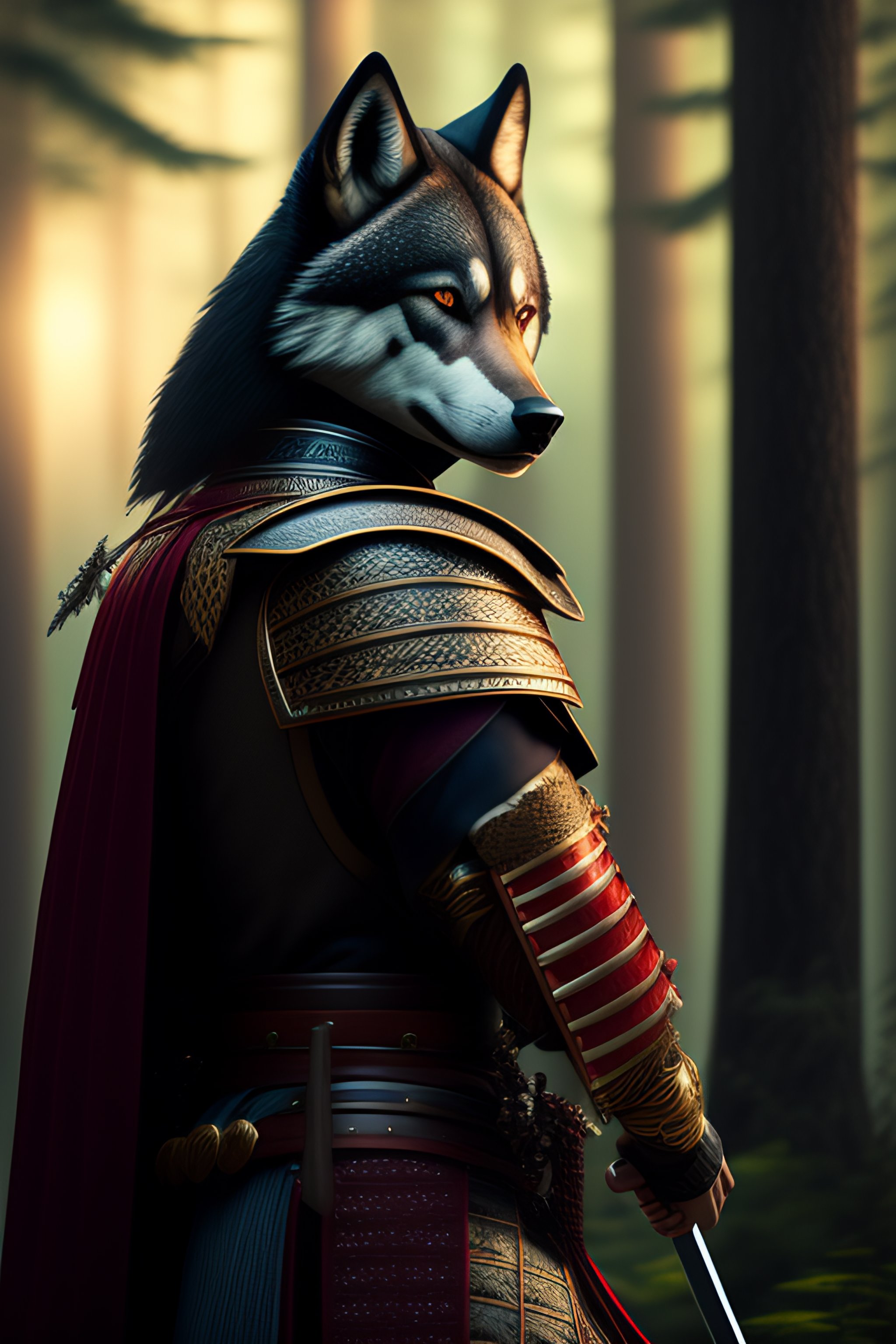 Lexica - Photorealistic Japanese samurai with wolf head holding a sword ...