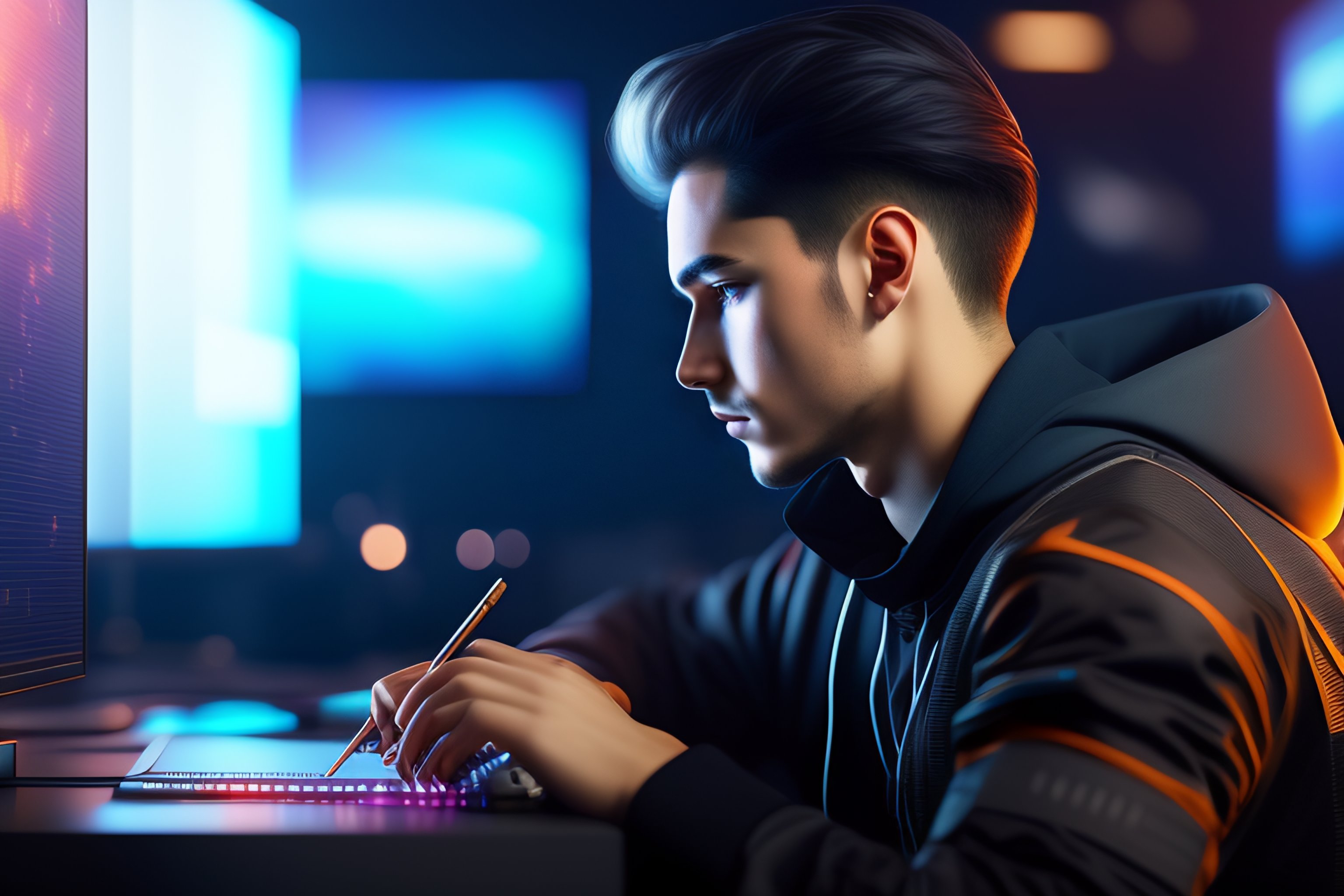 Lexica - A young professional hacker studiously working on his computer ...