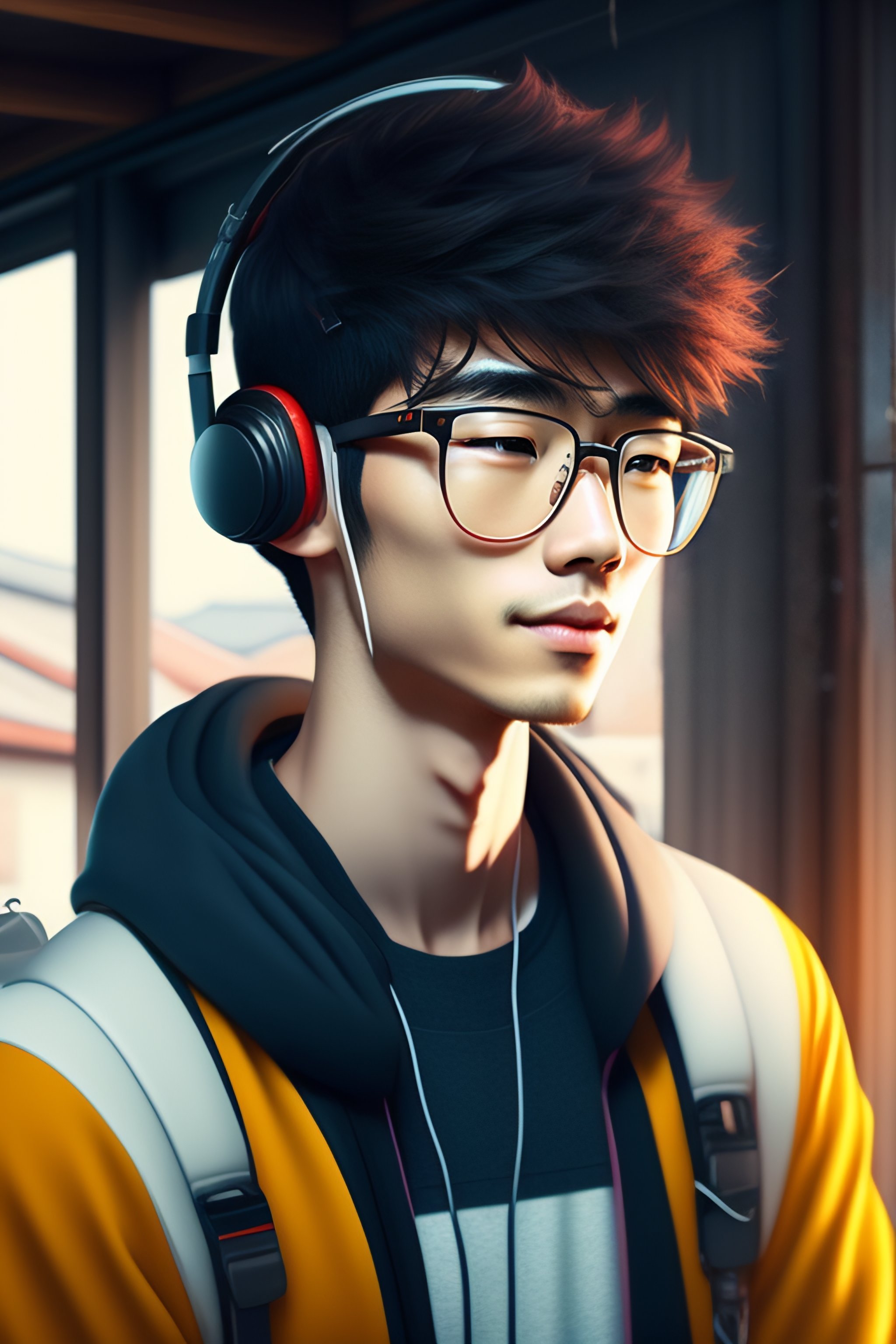 Lexica - Skinny Anime boy, glasses, listening to music with headphone ...