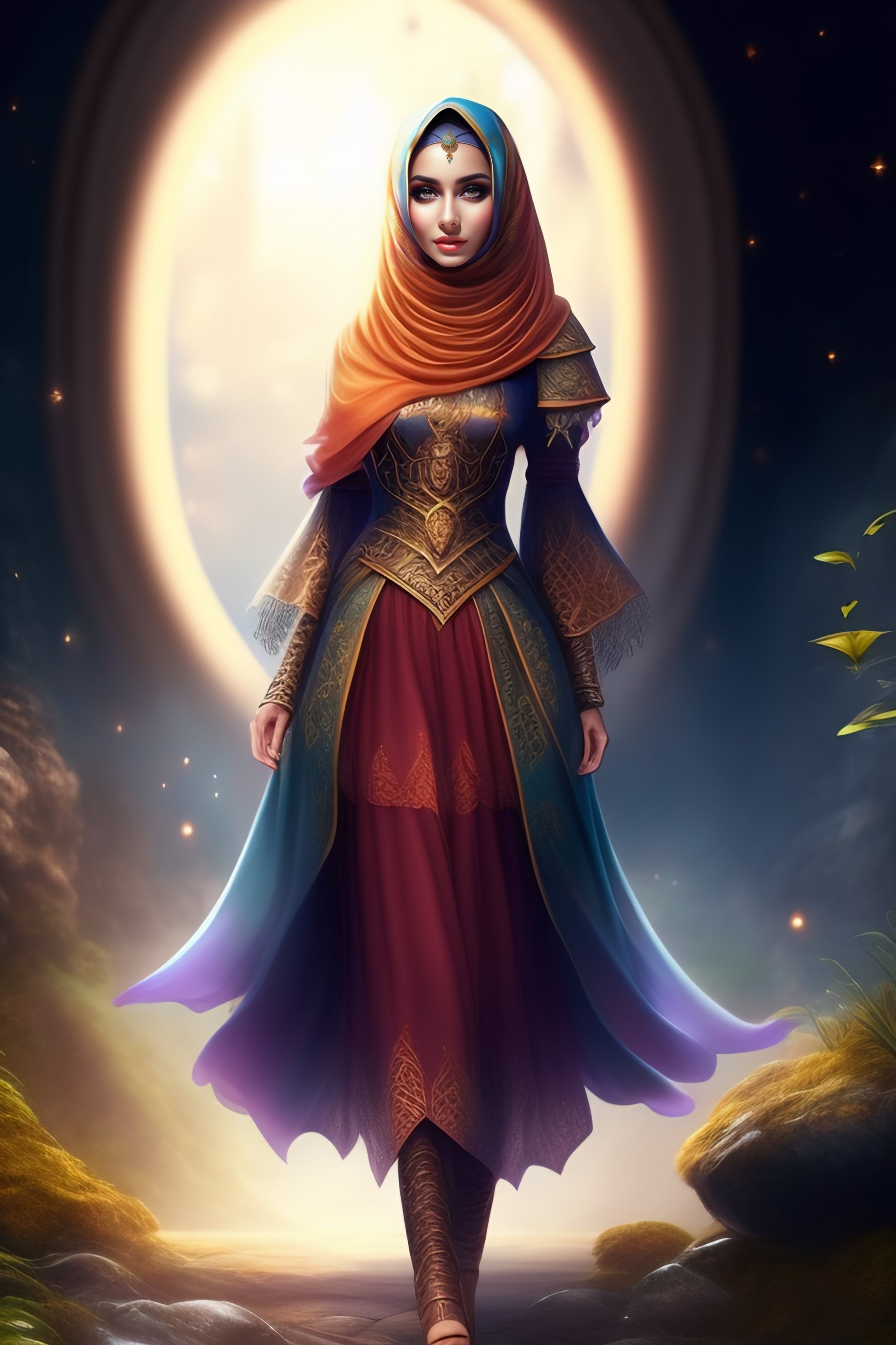 Lexica - Cute gorgeous hijab girl in fantasy world settings wear mage outfit