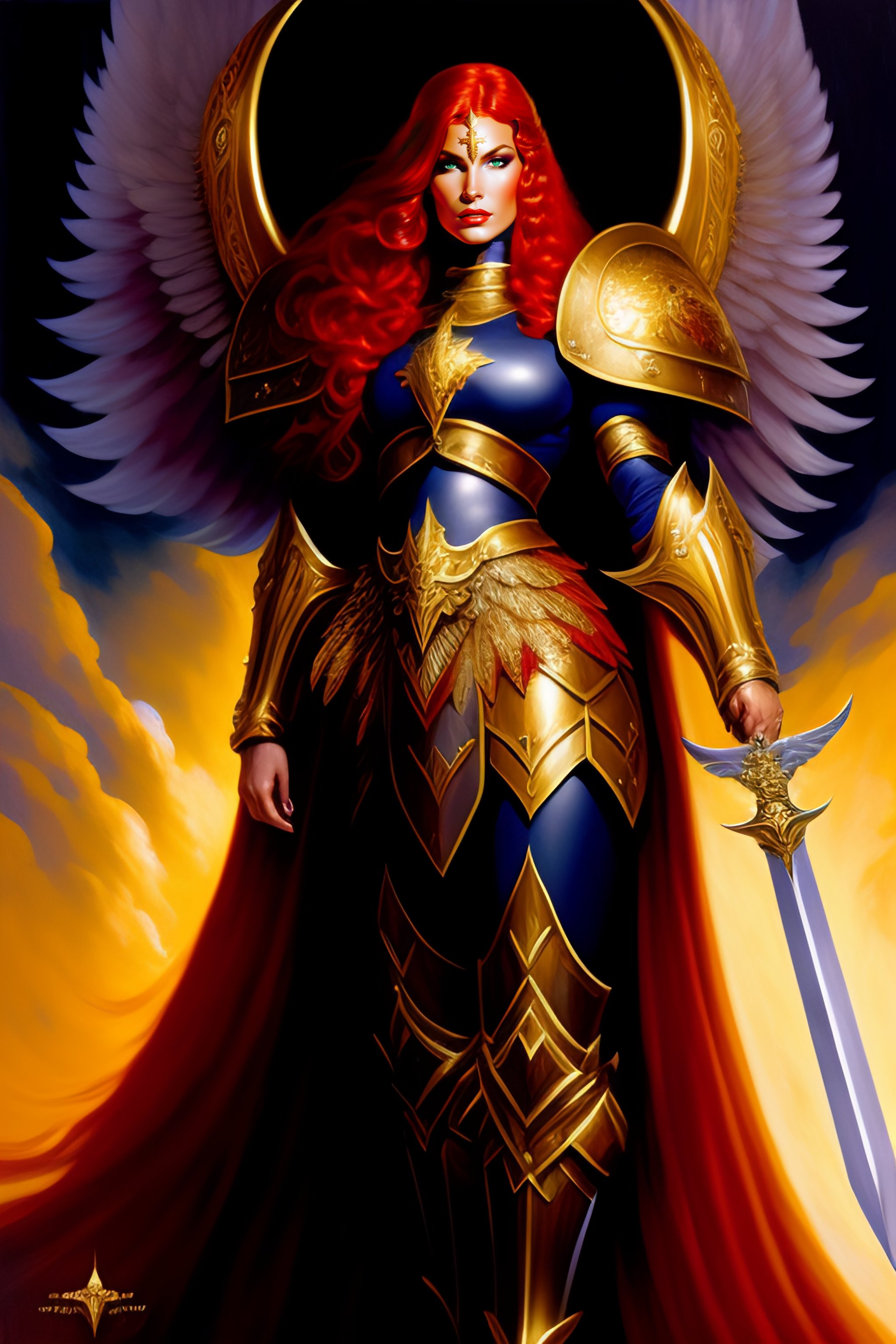 Lexica - Full body photo of Female paladin, red hair, golden eyes, fair ...