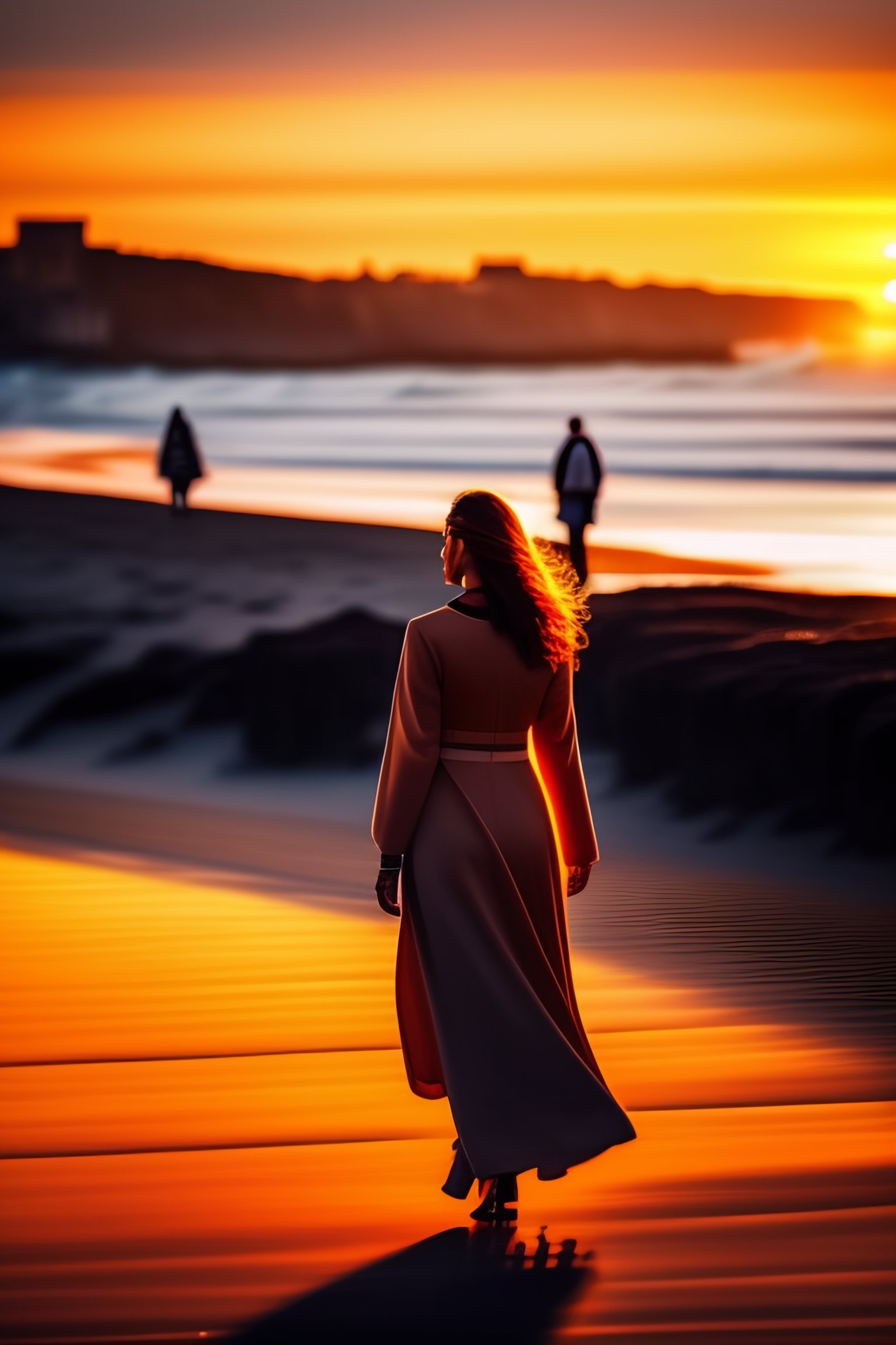 Lexica - Beautiful woman walking at sunset along the beach of the city ...