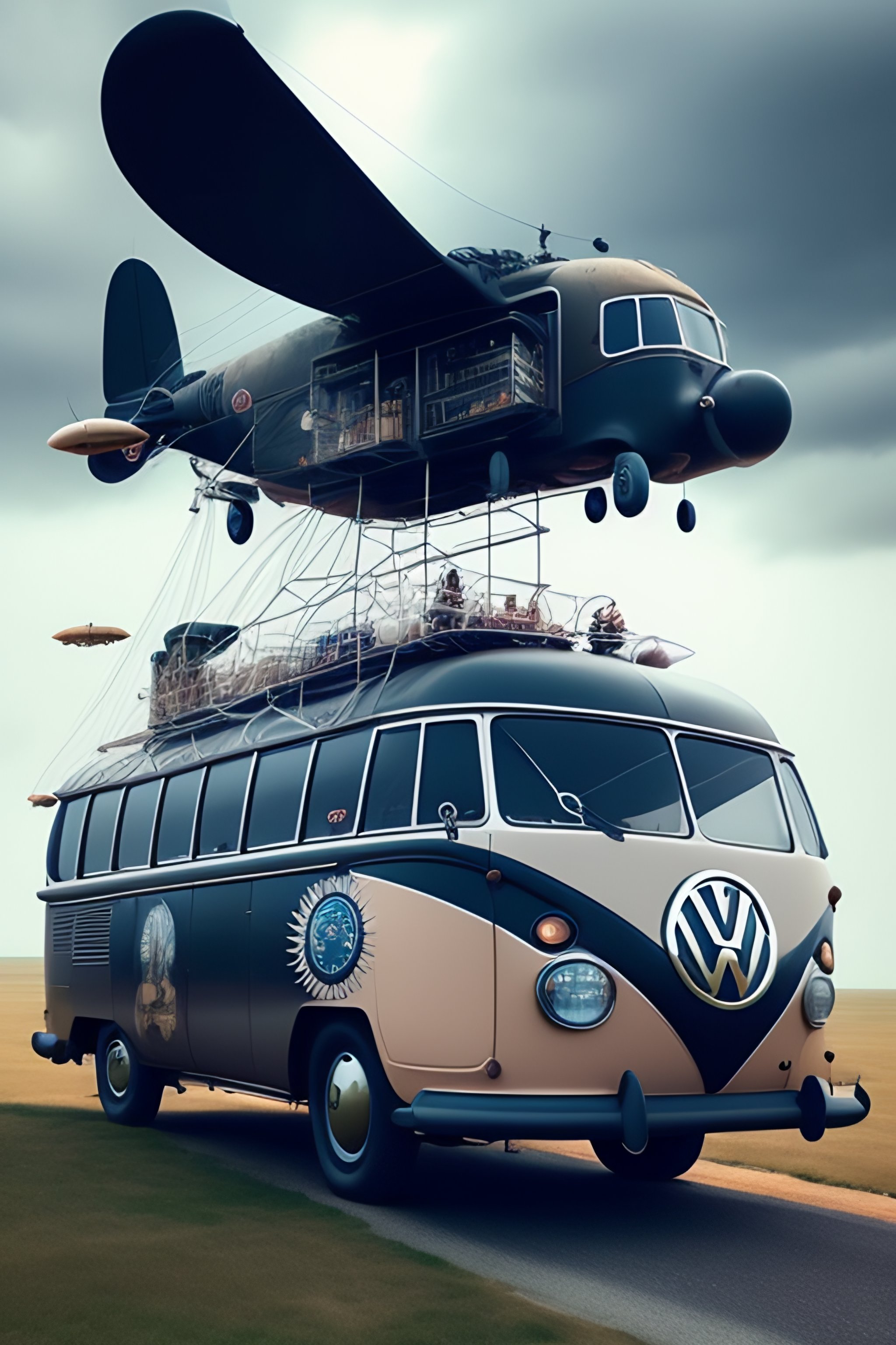 Lexica - Vw type 2 bus flying flapping wings over the sky ...