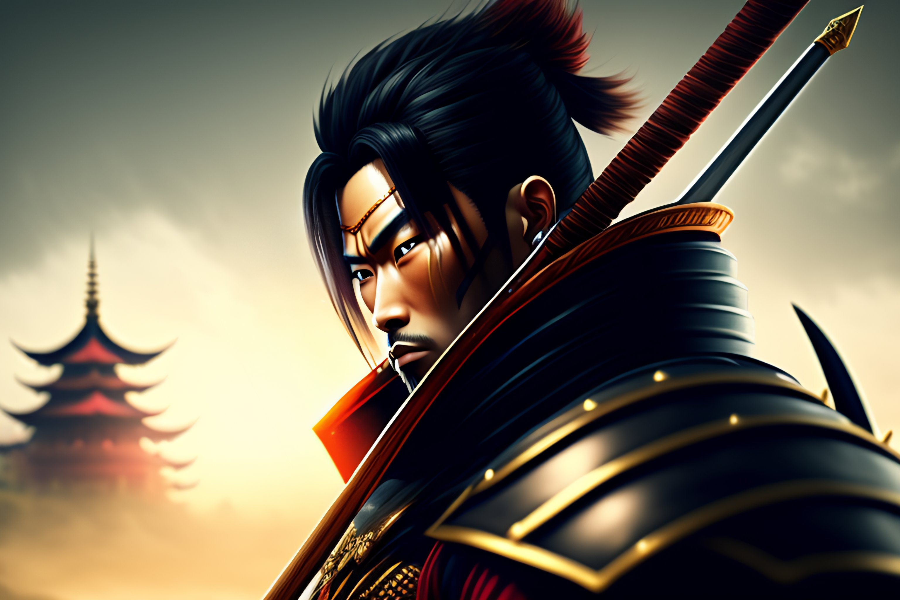 Lexica - 2d style, samurai, with war background, character