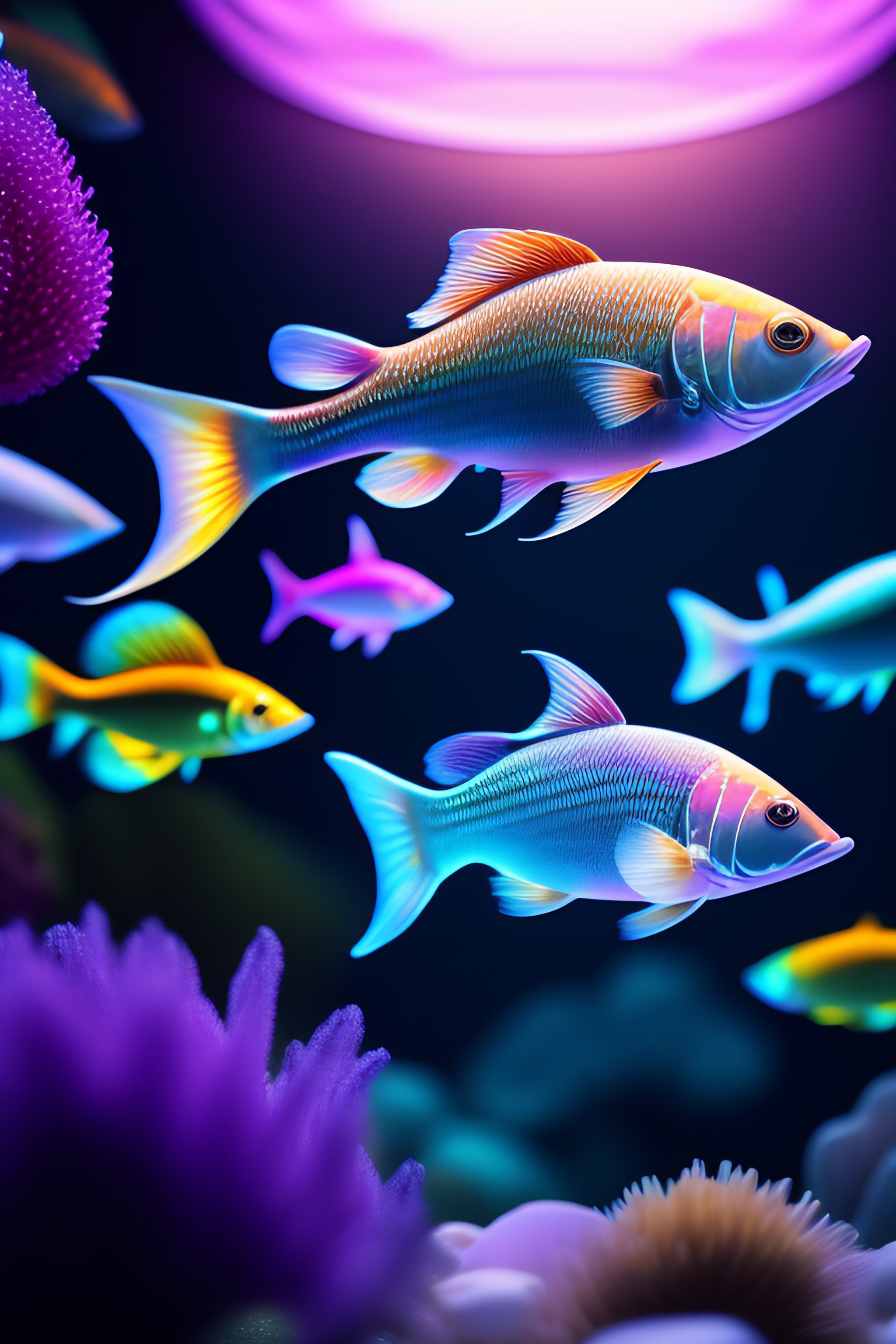 Lexica - Ultra hd! realistic, chrome, pastel glowing fish in a dark ...
