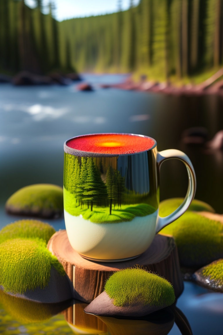 Lexica - A mug covered with moss on the outside stands on a stump, a ...