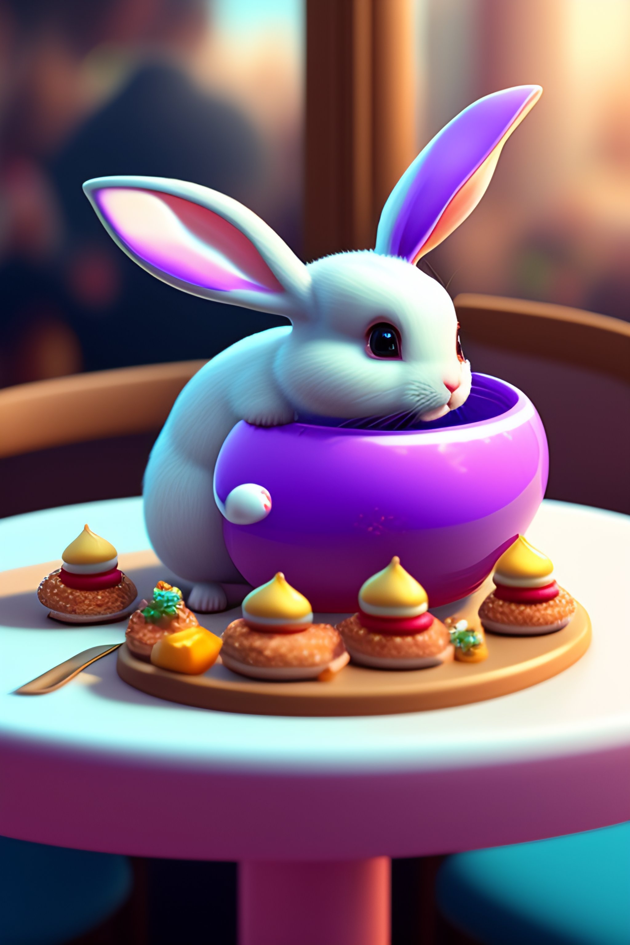 Lexica - A cartoon bunny sitting at a table with a cup of coffee ...
