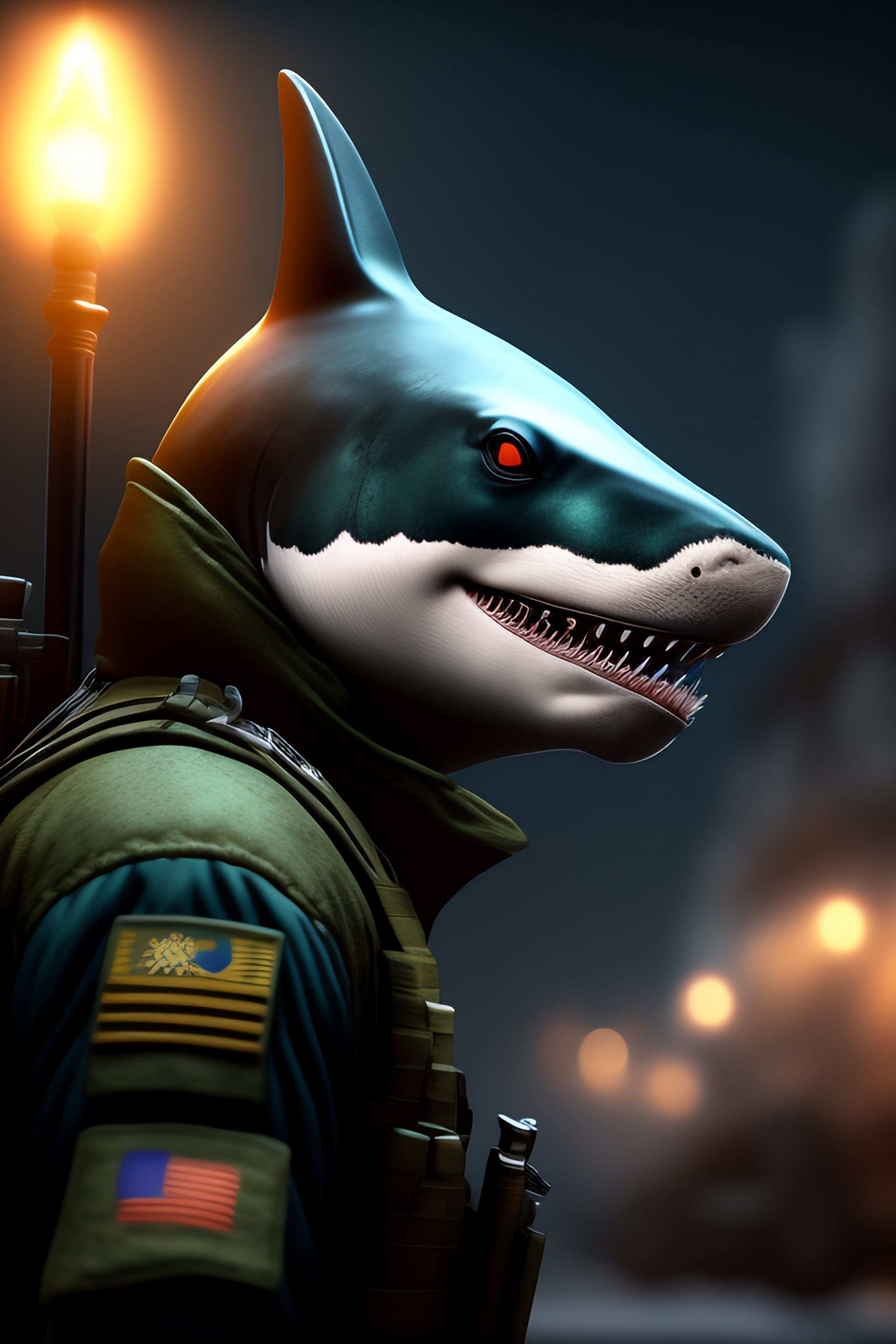 Lexica - An exhausted shark at the frontlines in the army at night with ...